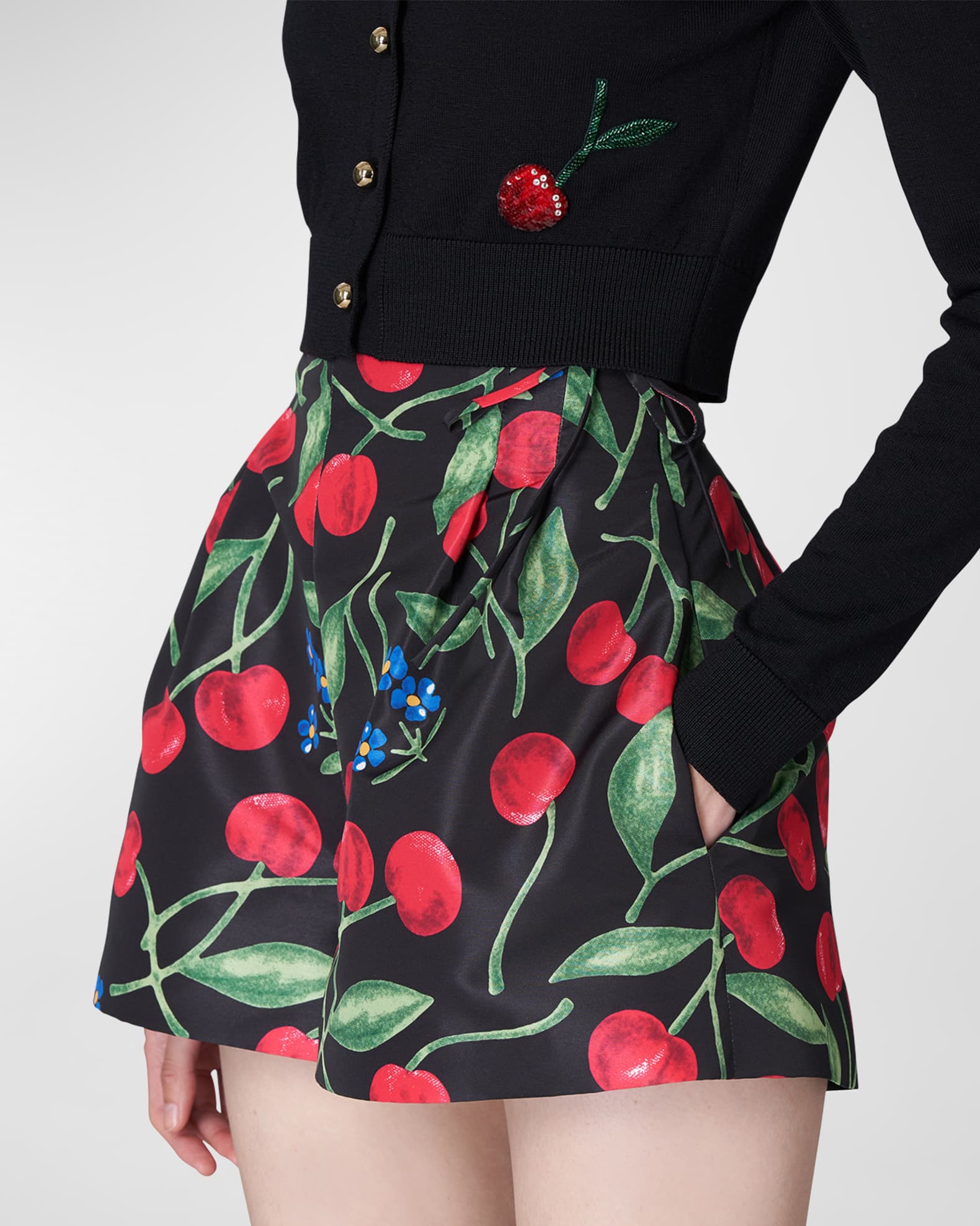 Carolina Herrera Cherry-Print Side-Tie Pleated Shorts | Neiman Marcus