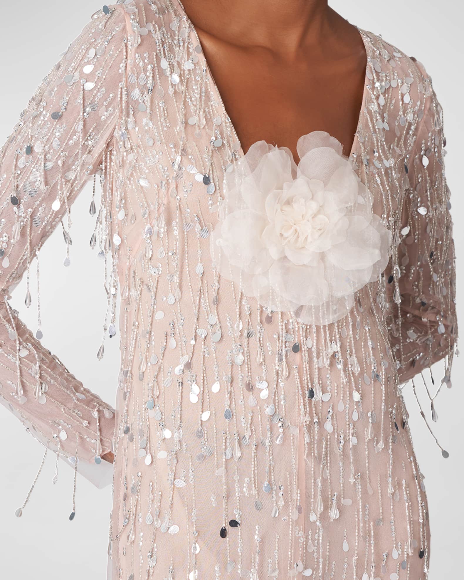 Carolina Herrera Plunging Flower-Applique Beaded Fringe Gown | Neiman ...