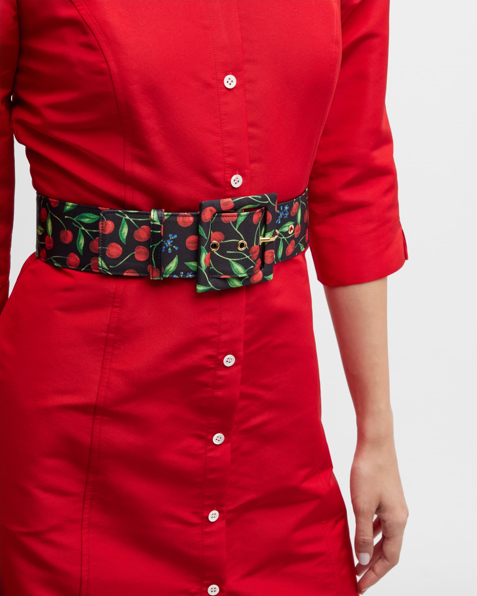 Carolina Herrera Square-Buckle Cherry-Print Wide Belt | Neiman Marcus