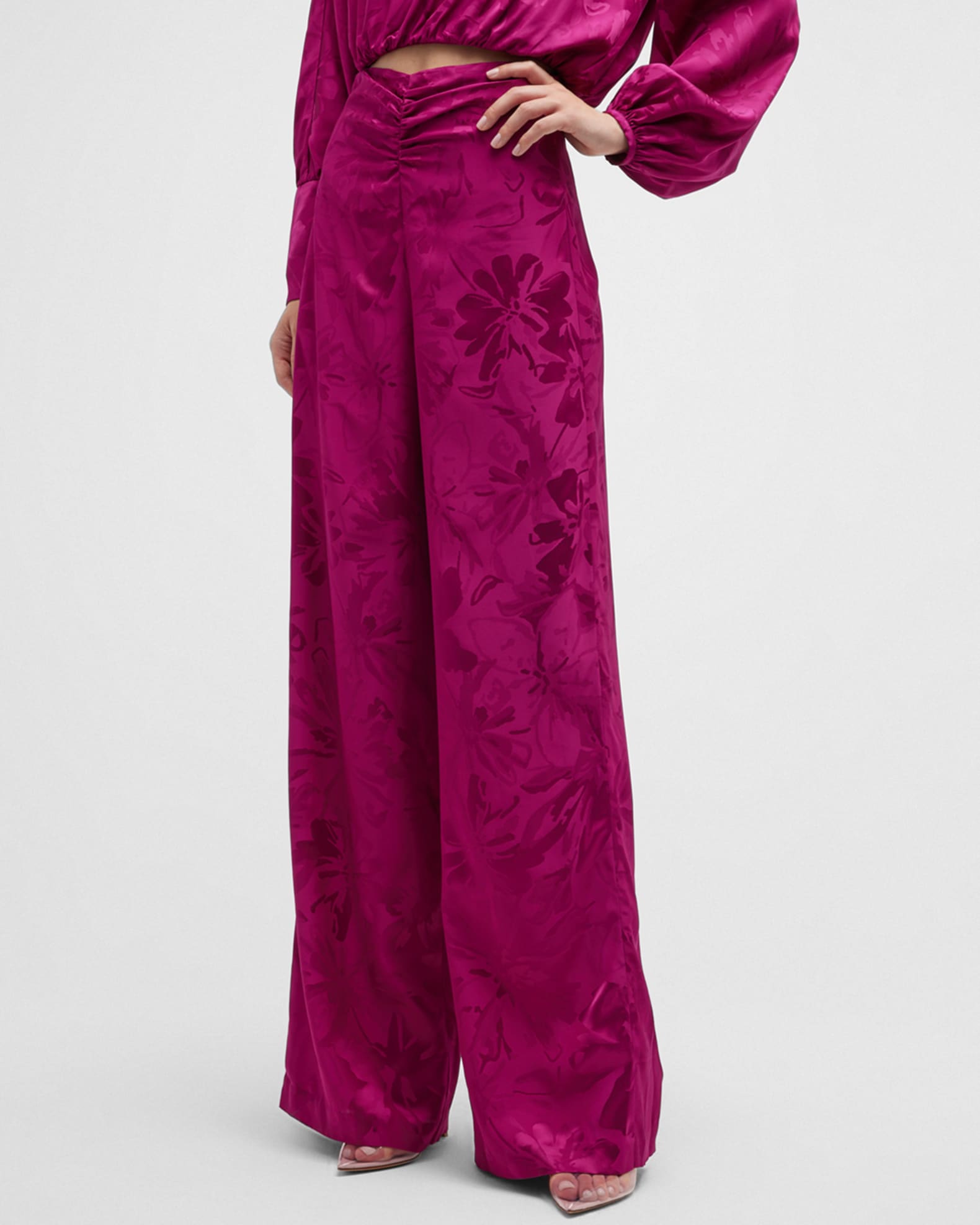 Silvia Tcherassi Casey Ruched Floral Satin Jacquard Wide-Leg Pants ...