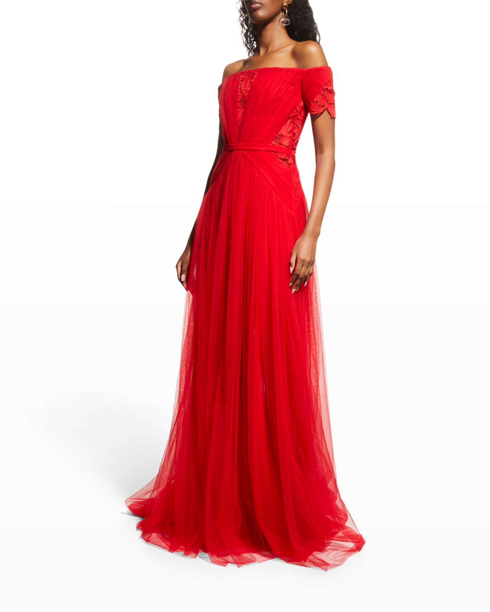 Pamella Roland Floral Lace Off-The-Shoulder Tulle Gown | Neiman Marcus