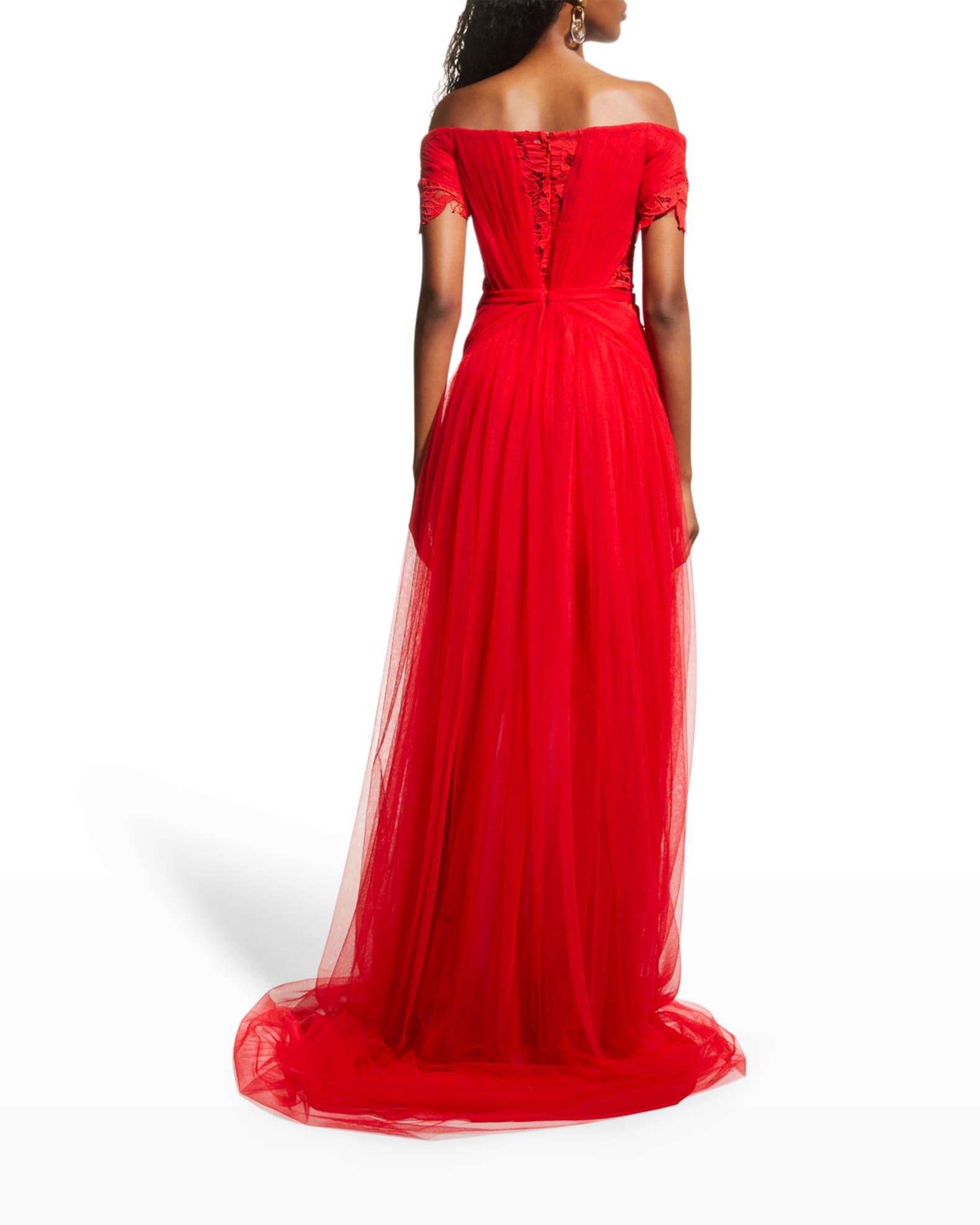 Pamella Roland Floral Lace Off-The-Shoulder Tulle Gown | Neiman Marcus