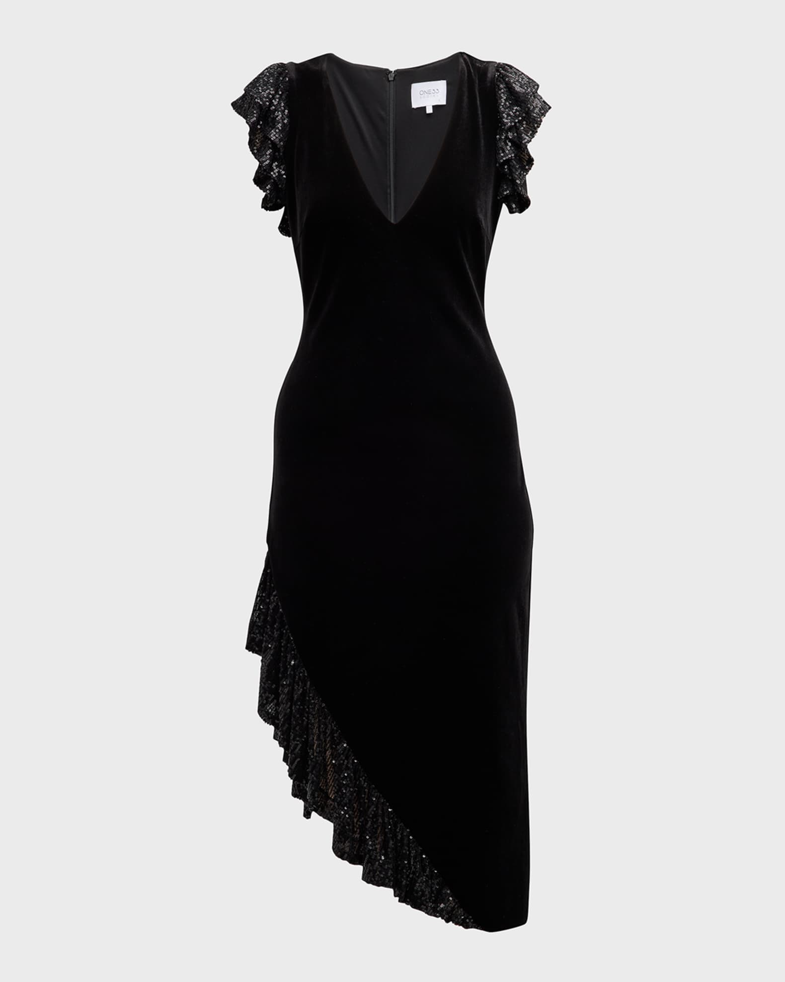 One33 Social Tiered Sequin-Sleeve Asymmetric Midi Dress | Neiman Marcus