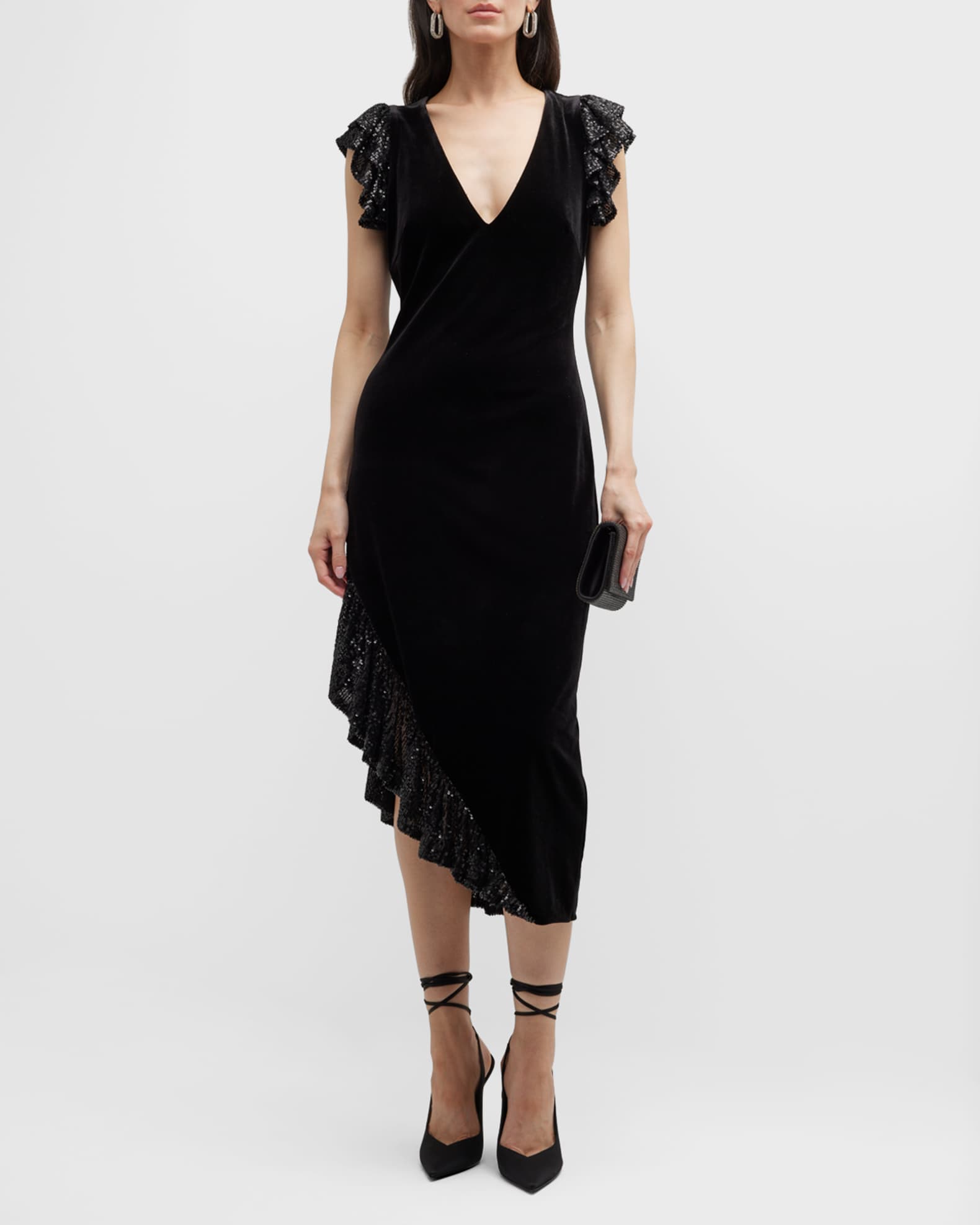 One33 Social Tiered Sequin-Sleeve Asymmetric Midi Dress | Neiman Marcus