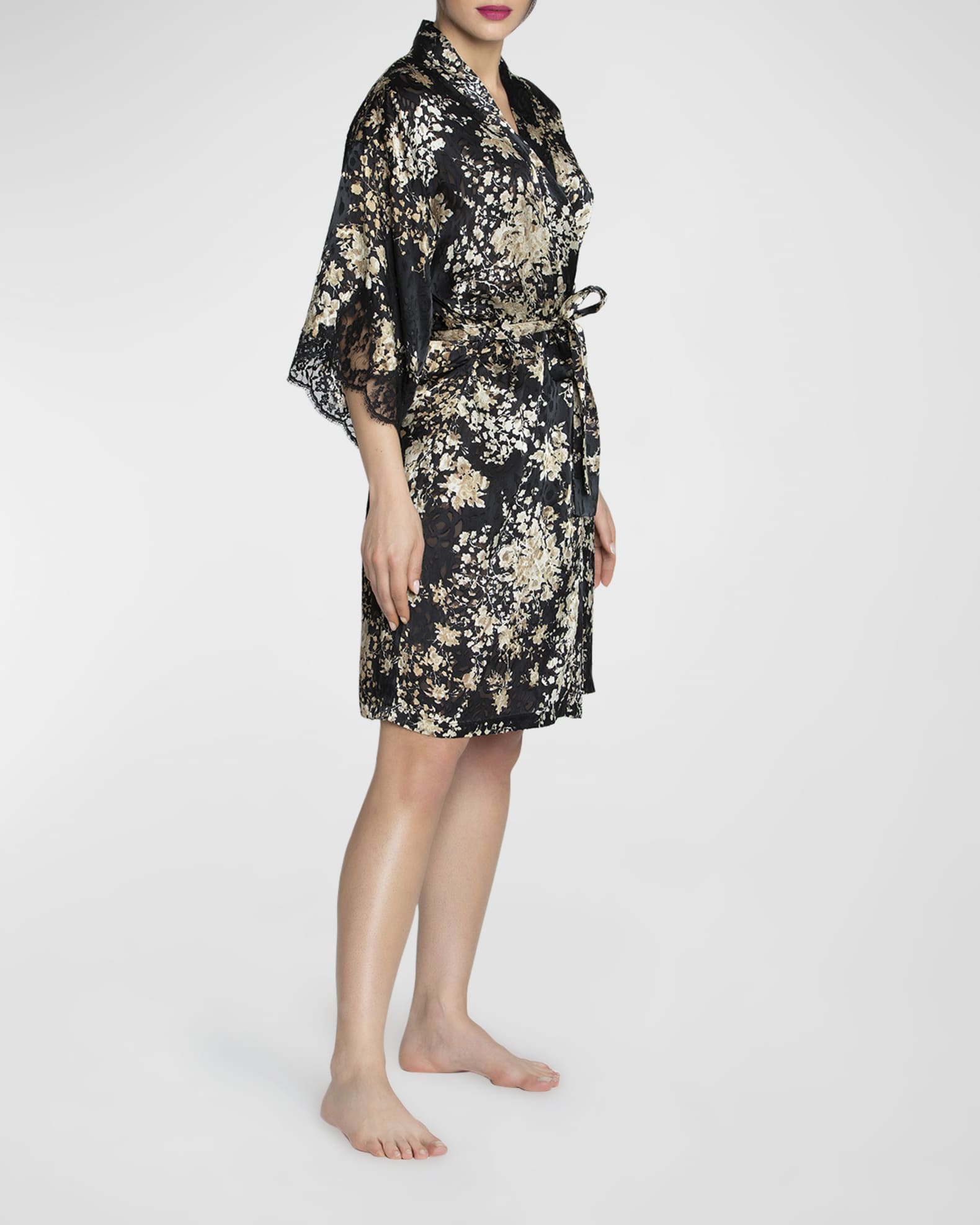 Lise Charmel Floral-Print Lace-Trim Robe | Neiman Marcus