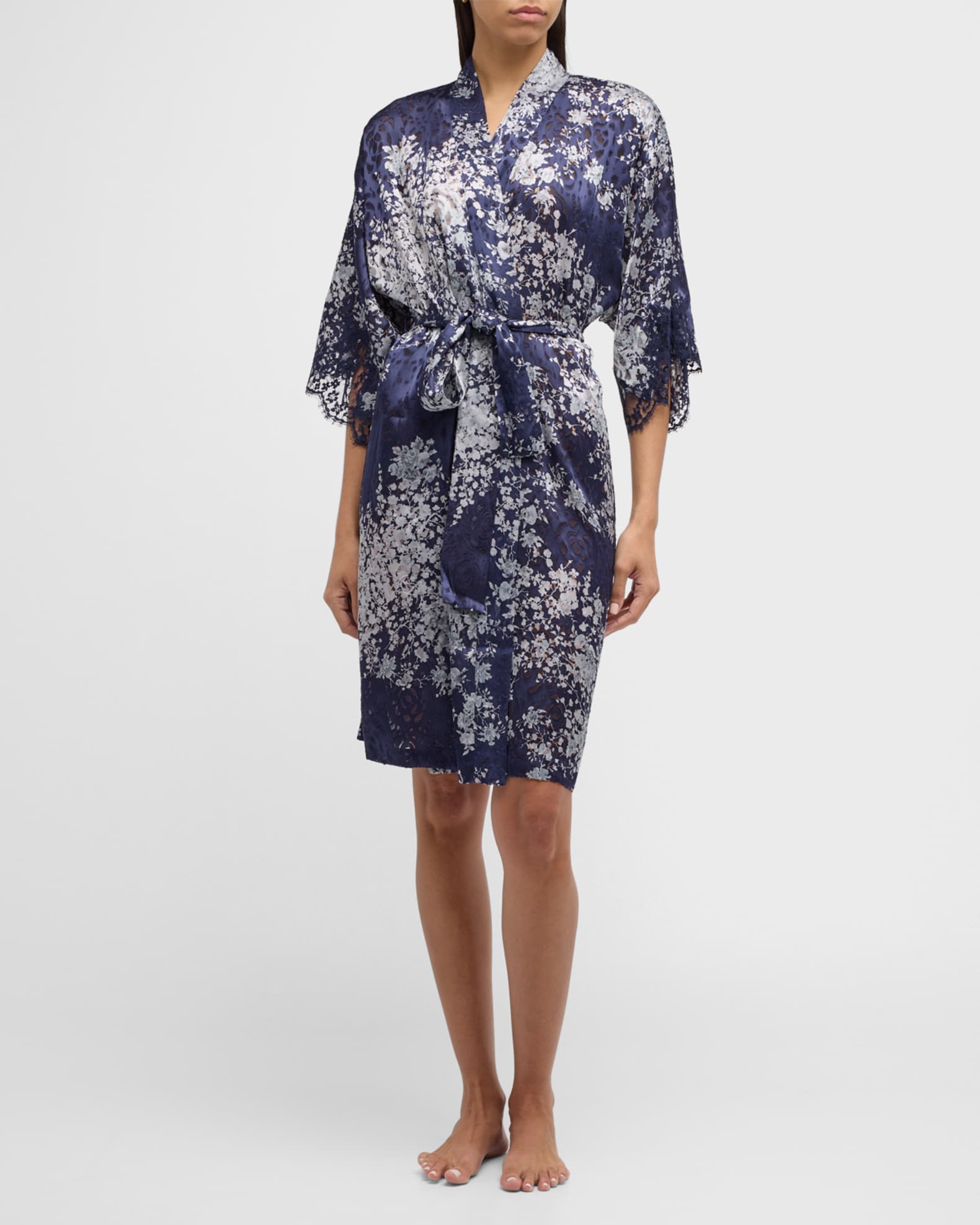 Lise Charmel Floral-Print Lace-Trim Robe | Neiman Marcus