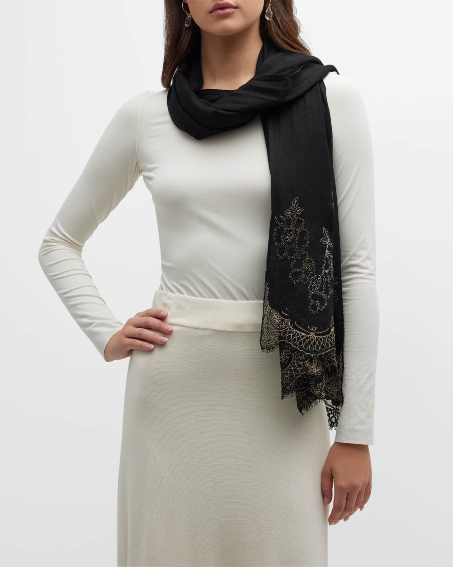 Janavi India Beaded Floral Lace Border Cashmere Scarf | Neiman Marcus