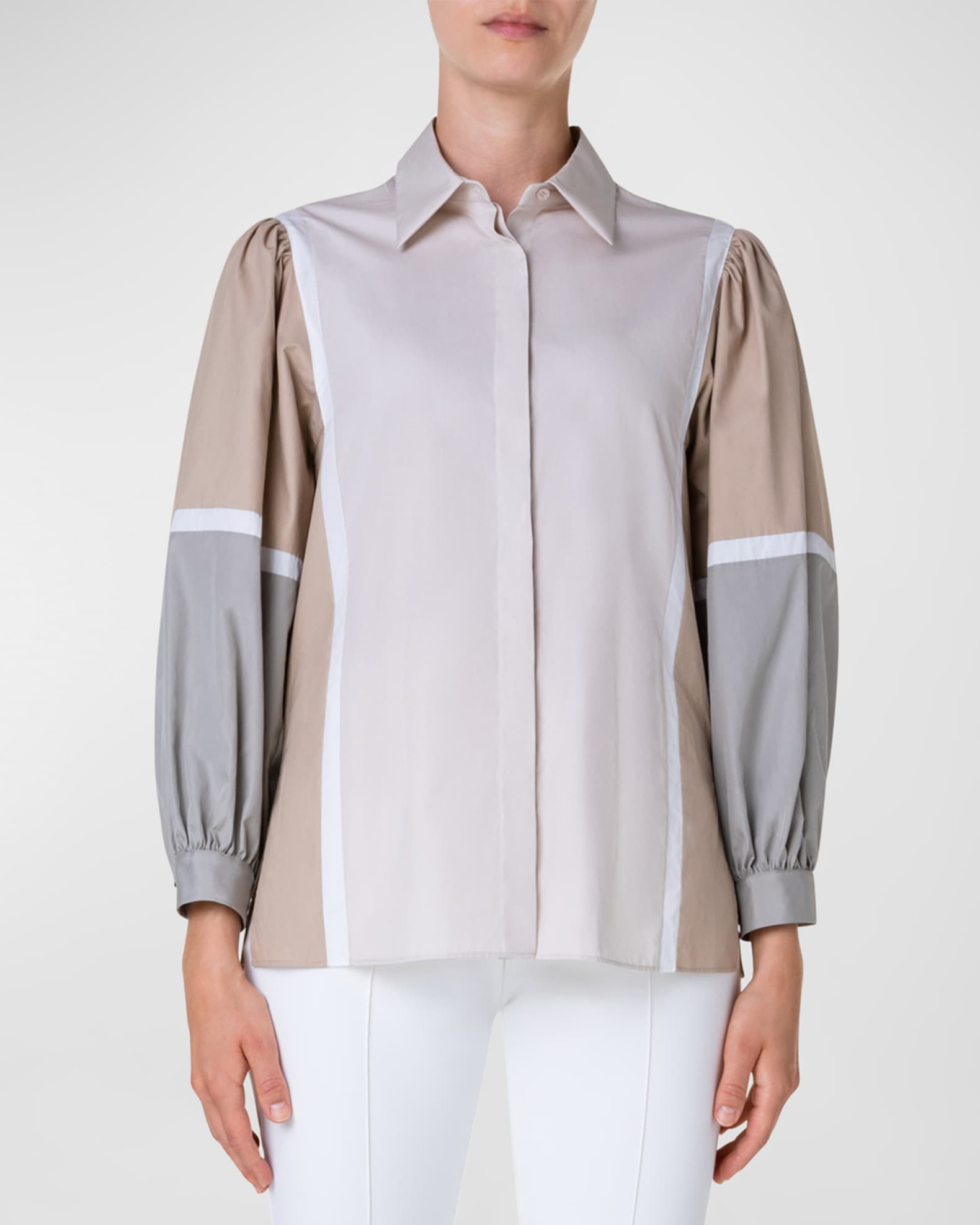 Akris Colorblock Patchwork Collared Poplin Shirt | Neiman Marcus