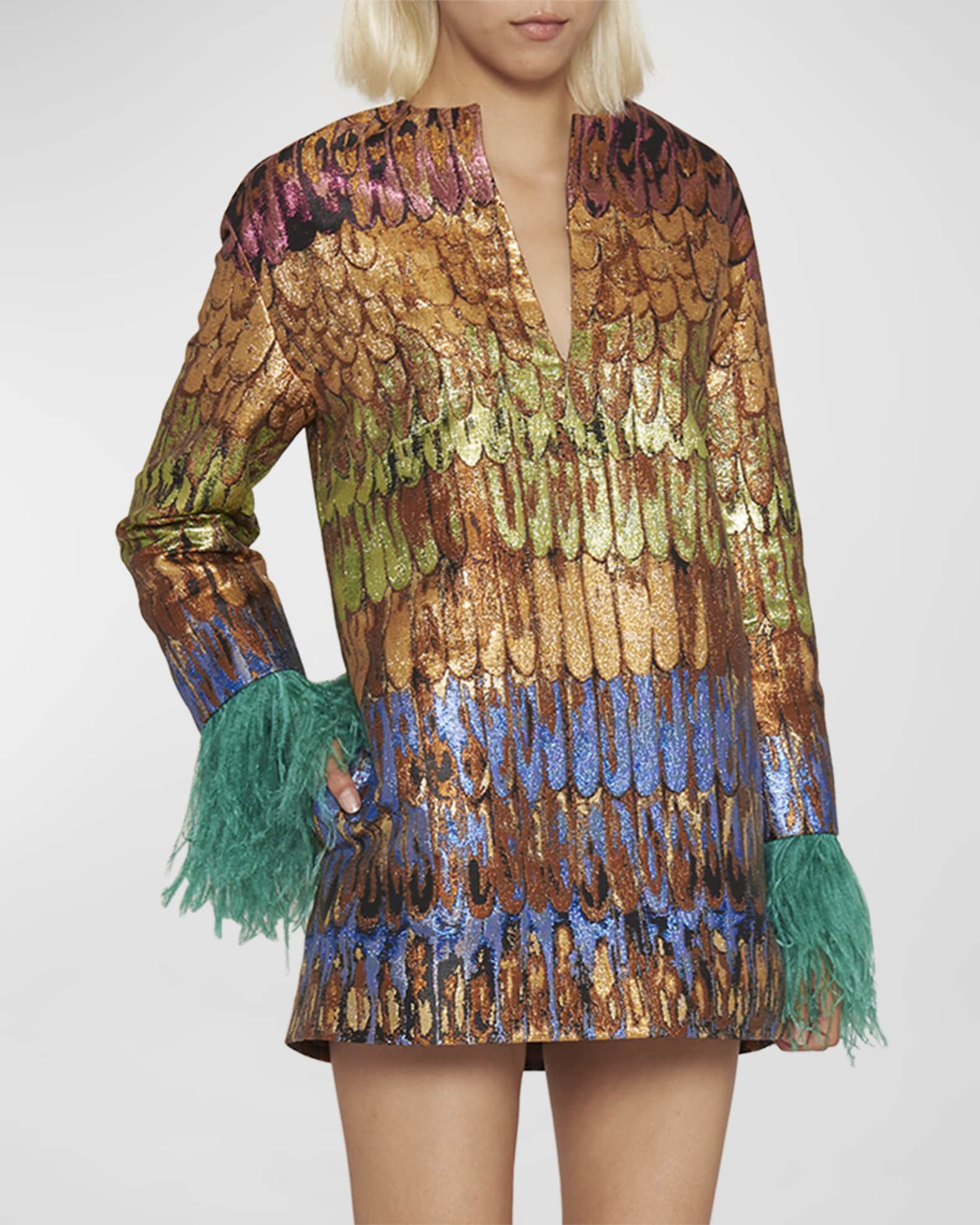 Valentino Garavani Broccato Golden Wings Tunic Dress with Feather Trim ...