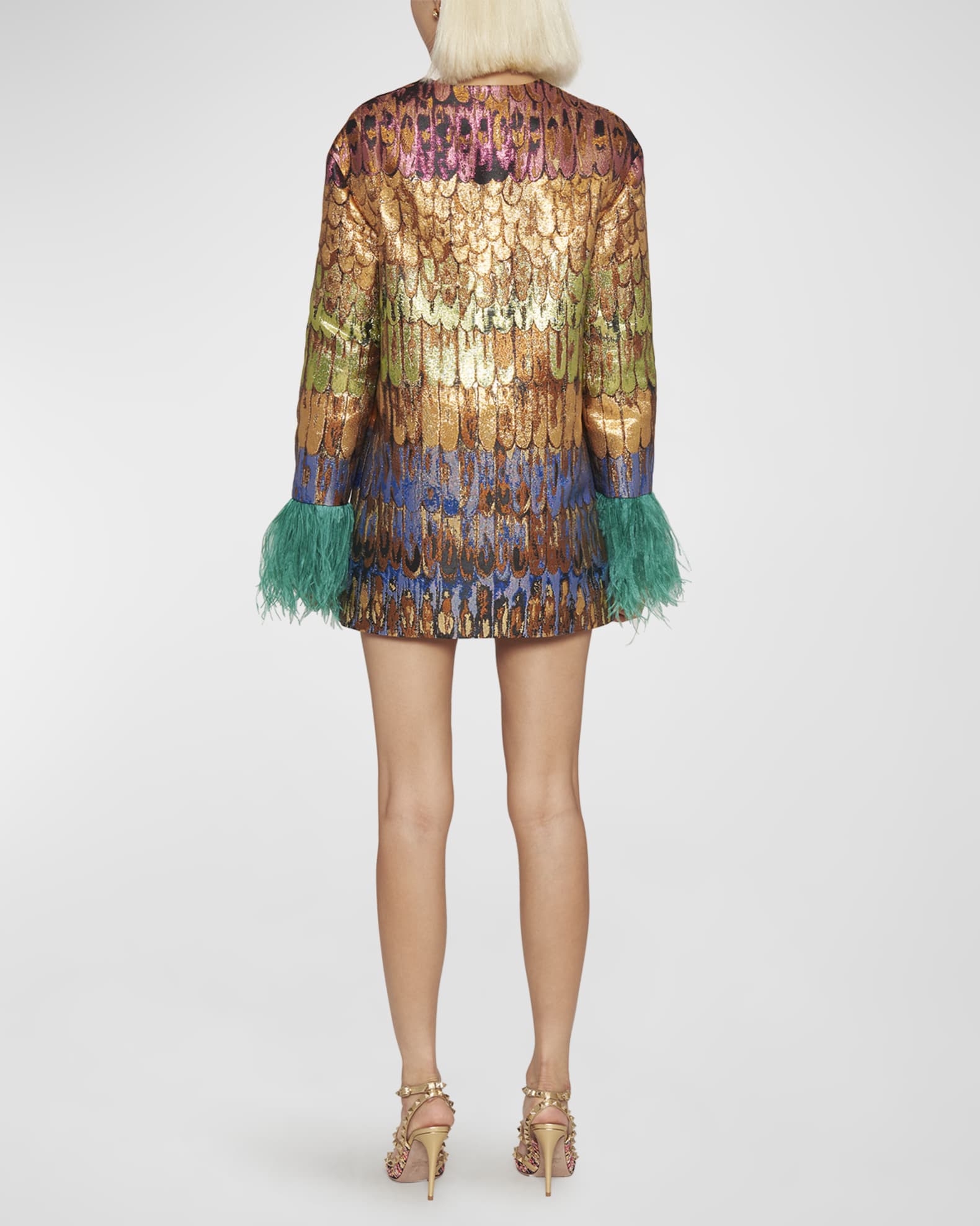 Valentino Garavani Broccato Golden Wings Tunic Dress with Feather Trim ...
