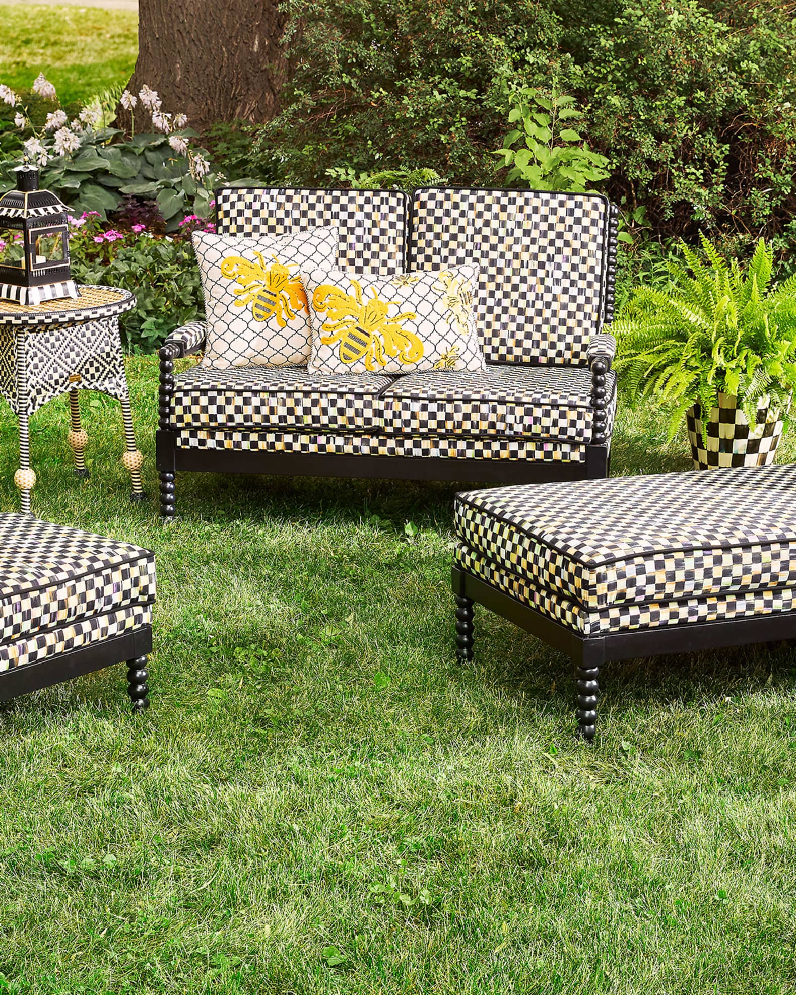 MacKenzie-Childs Spindle Check Outdoor Settee | Neiman Marcus