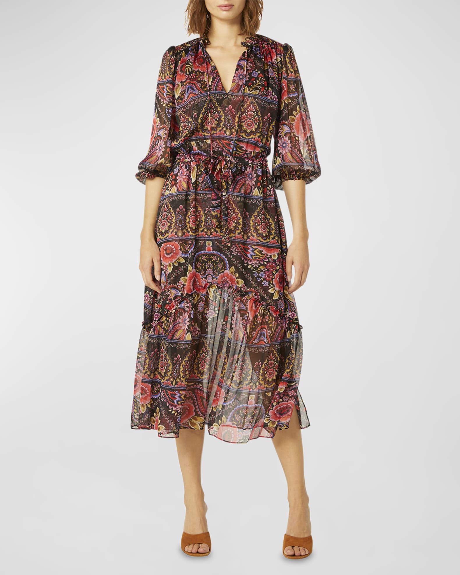 MISA Los Angeles Olivia Puff-Sleeve Floral Paisley Chiffon Midi Dress | Neiman Marcus