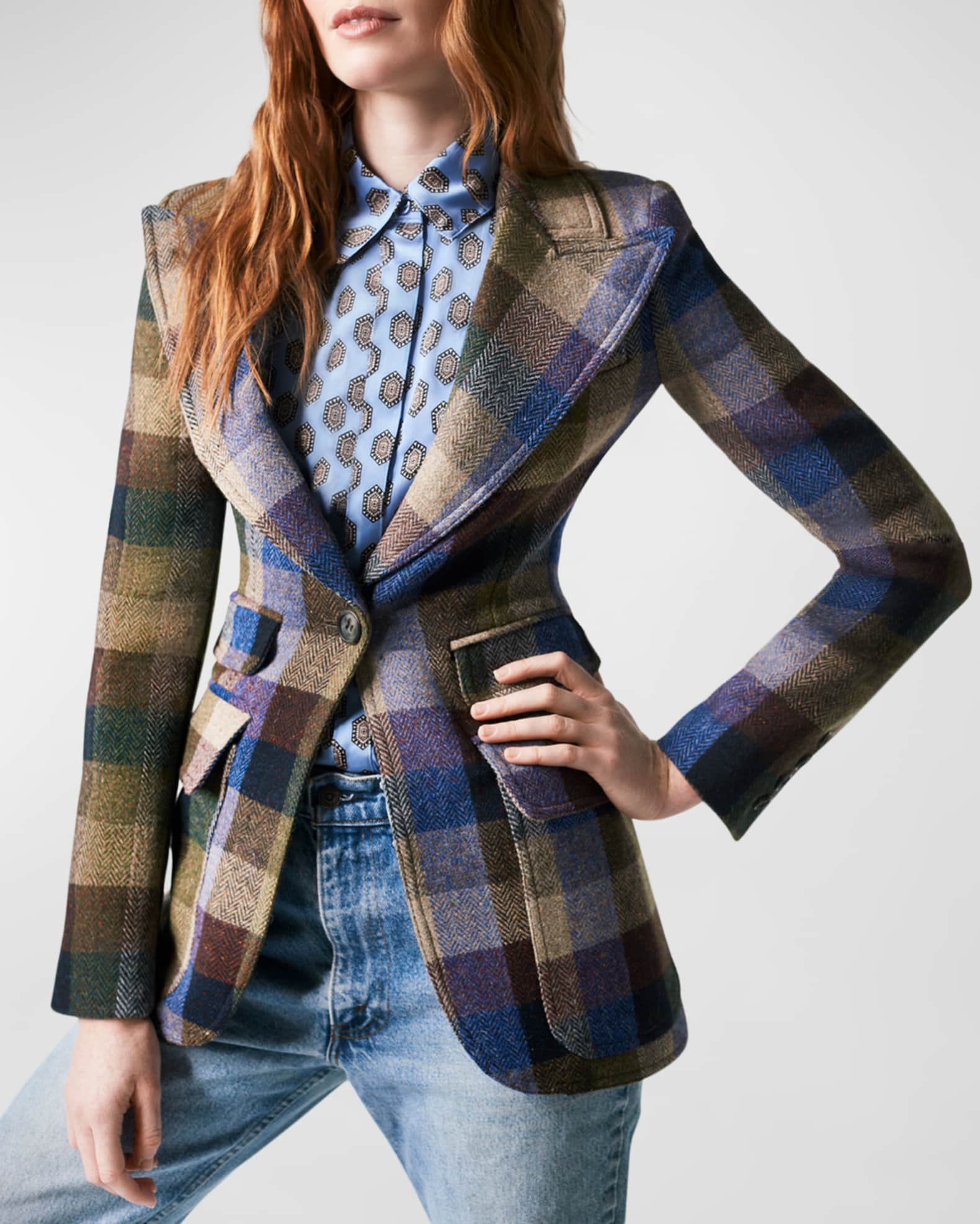 Smythe Birkin Wool Plaid Fitted Cutaway Blazer | Neiman Marcus