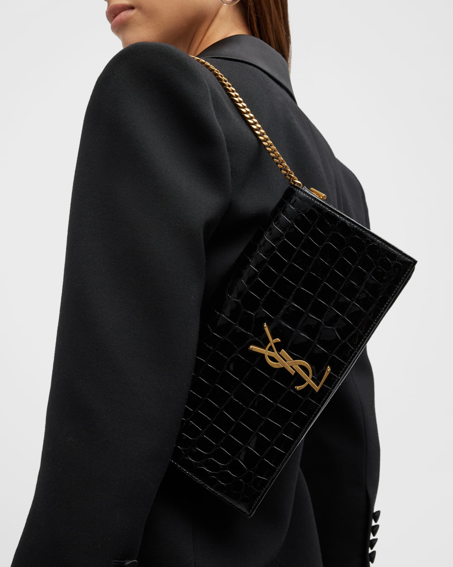 Saint Laurent Kate YSL Clutch Bag in Croc-Embossed Patent Leather ...