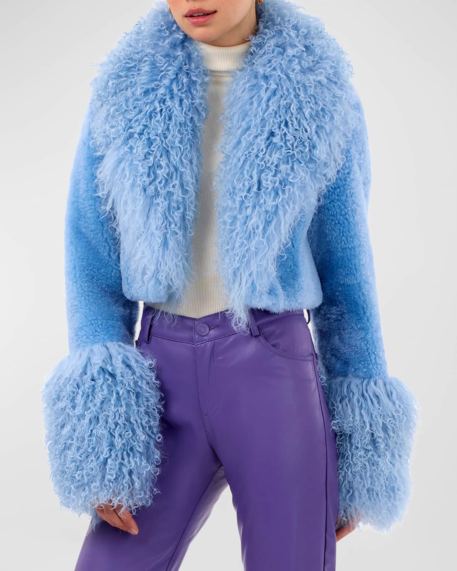 Gorski Lamb Shearling-Trimmed Goat Fur Bolero Jacket | Neiman Marcus