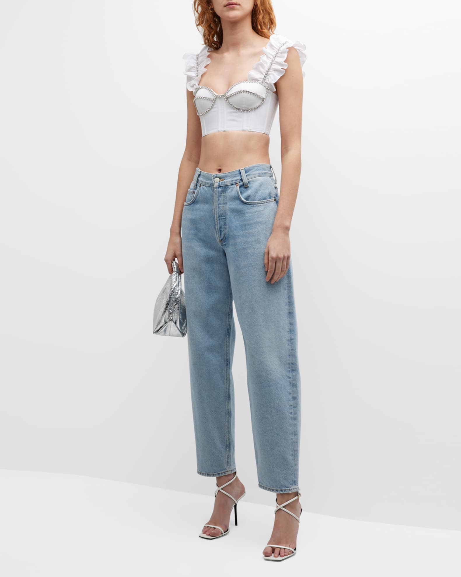 AREA Crystal Ruffle Poplin Bustier Crop Top | Neiman Marcus