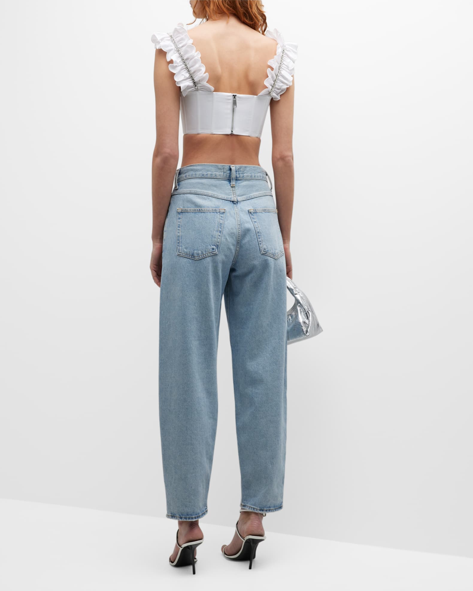 AREA Crystal Ruffle Poplin Bustier Crop Top | Neiman Marcus
