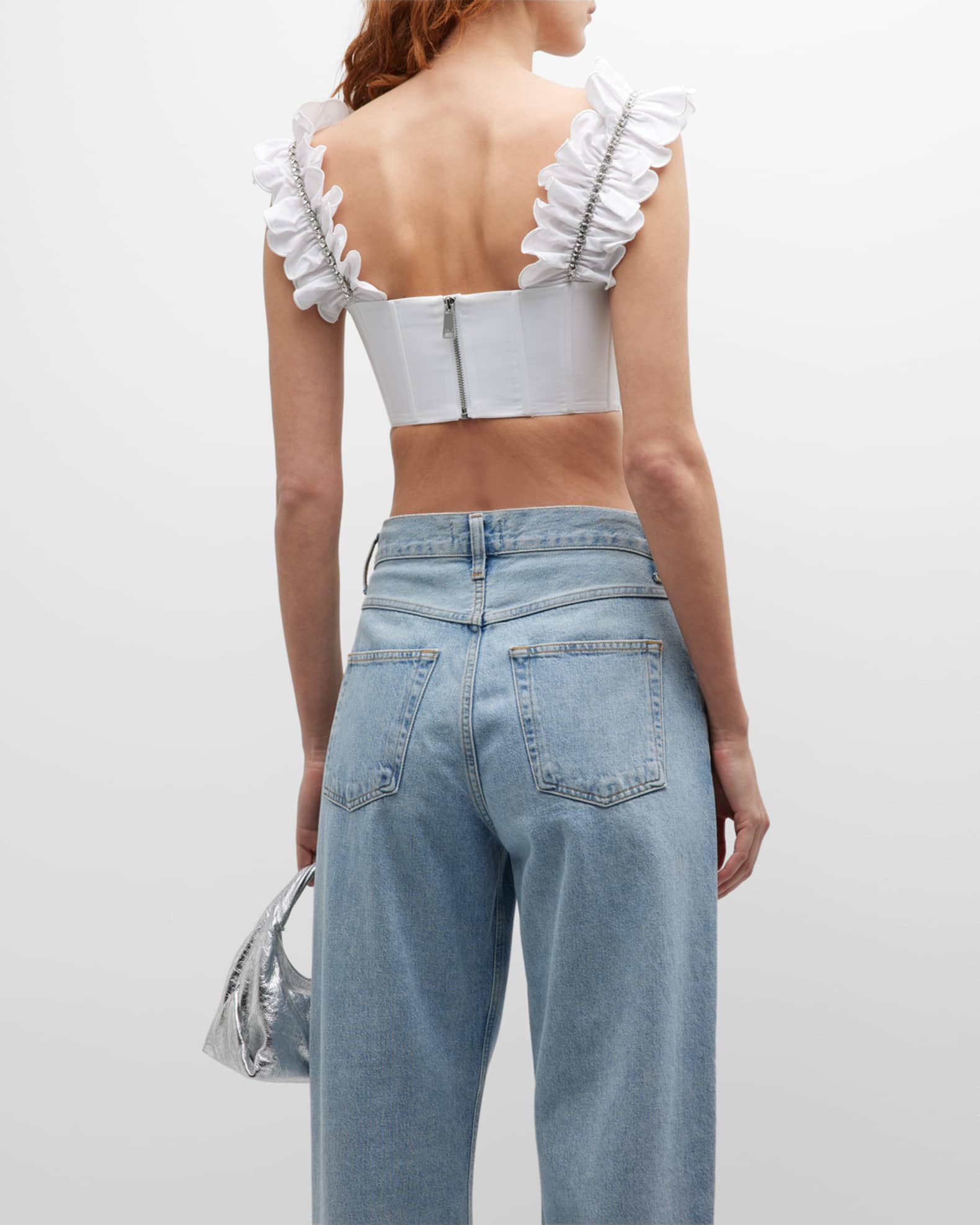AREA Crystal Ruffle Poplin Bustier Crop Top | Neiman Marcus