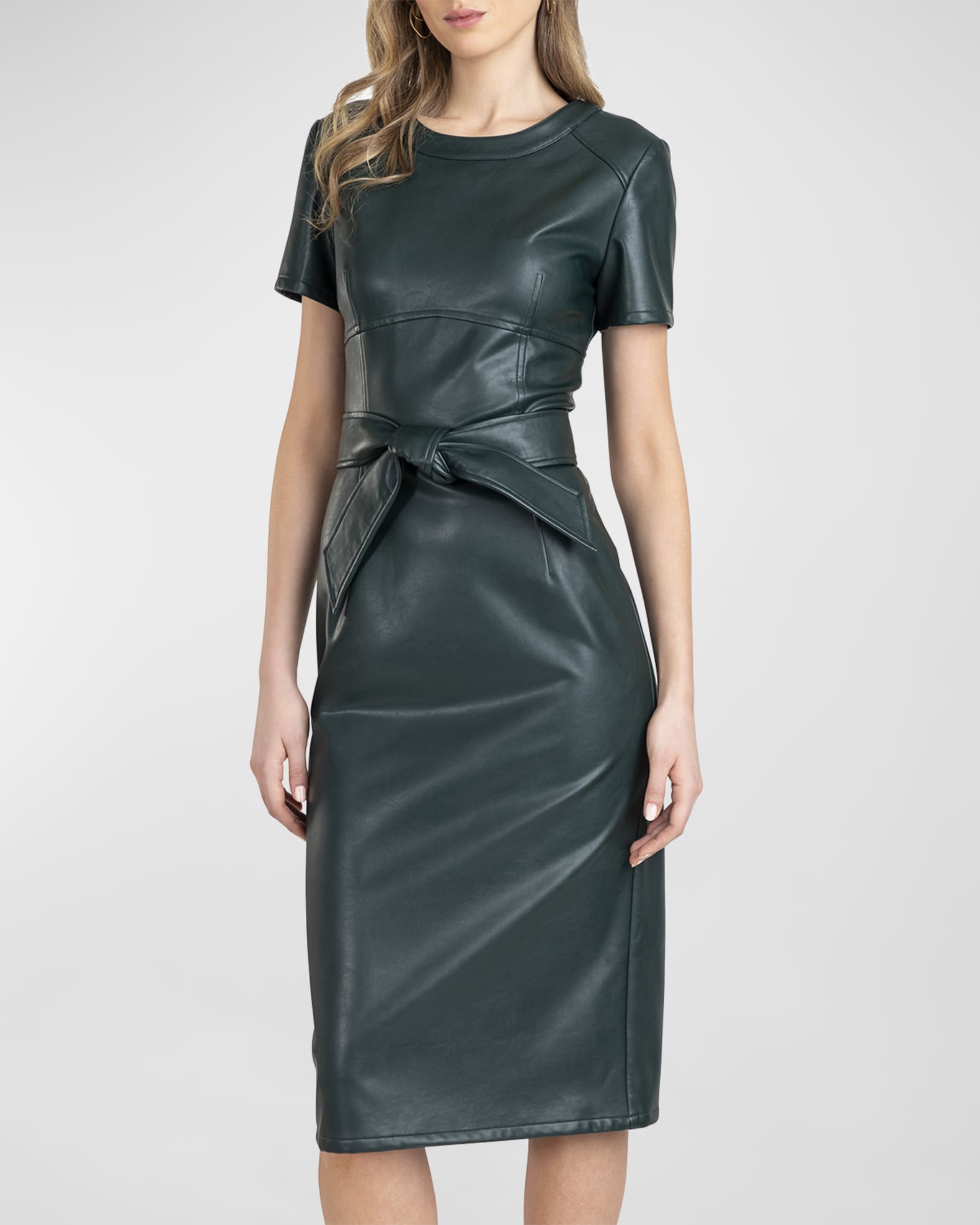 Shoshanna Rhonda Belted Faux-Leather Sheath Dress | Neiman Marcus