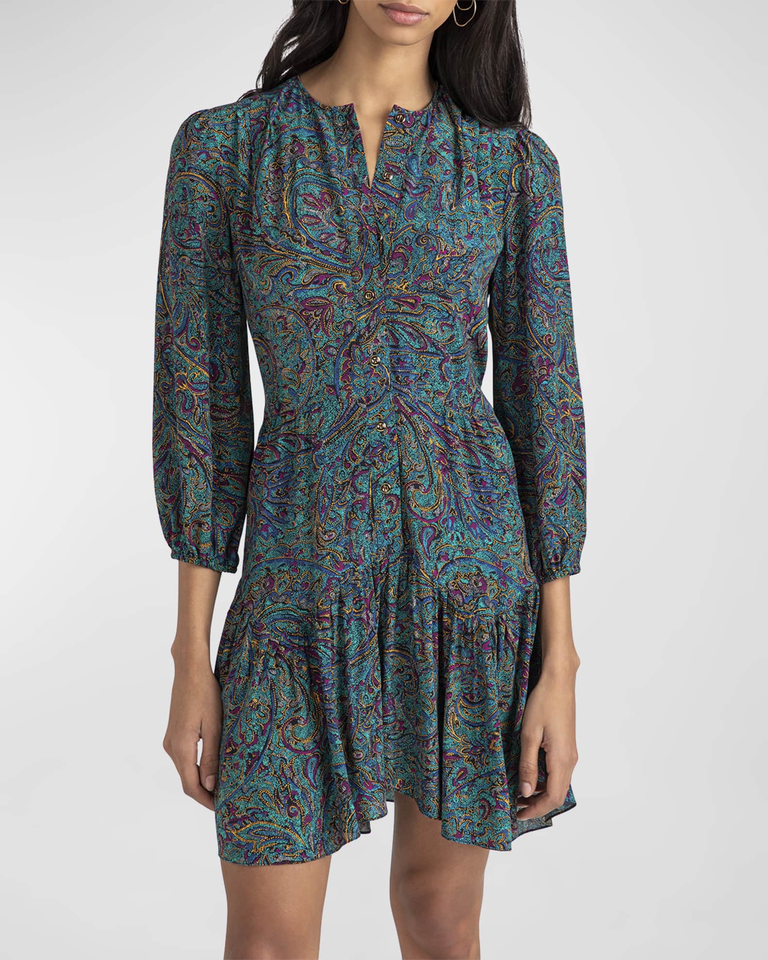 Shoshanna Jordana Paisley-Print 3/4-Sleeve Mini Dress | Neiman Marcus
