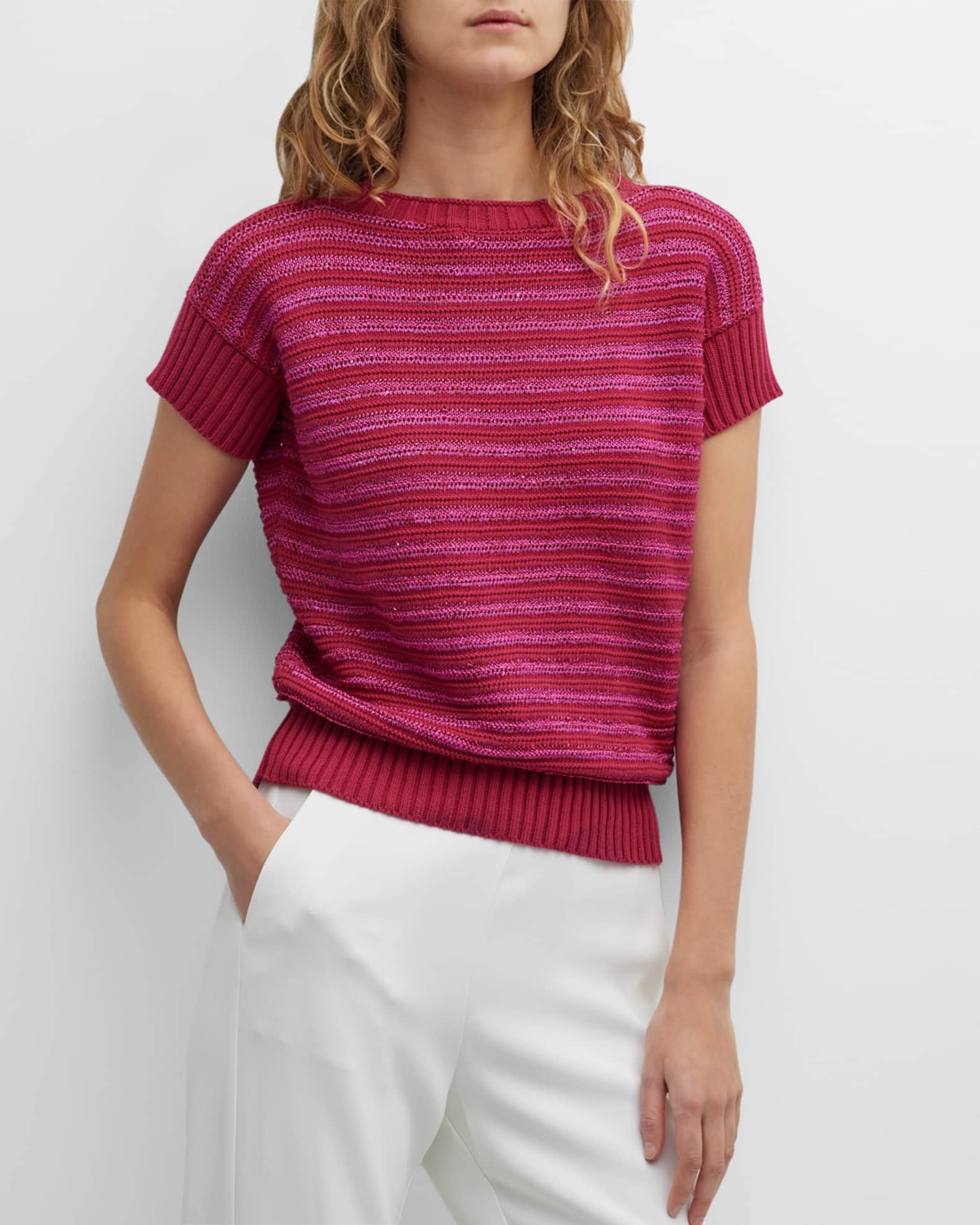 Piazza Sempione Stripe Short-Sleeve Sweater | Neiman Marcus