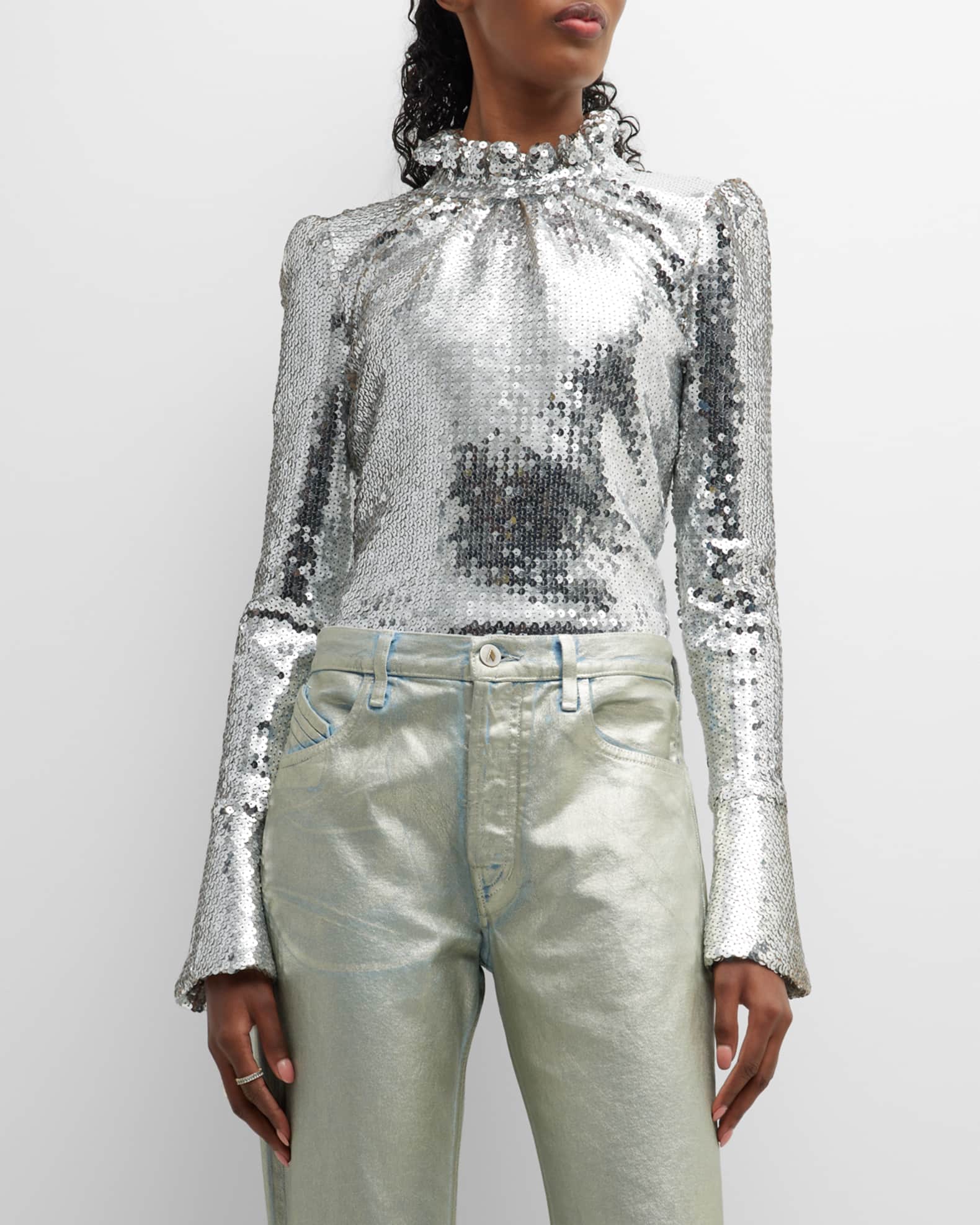 Paco Rabanne Mock-Neck Sequin Blouse | Neiman Marcus