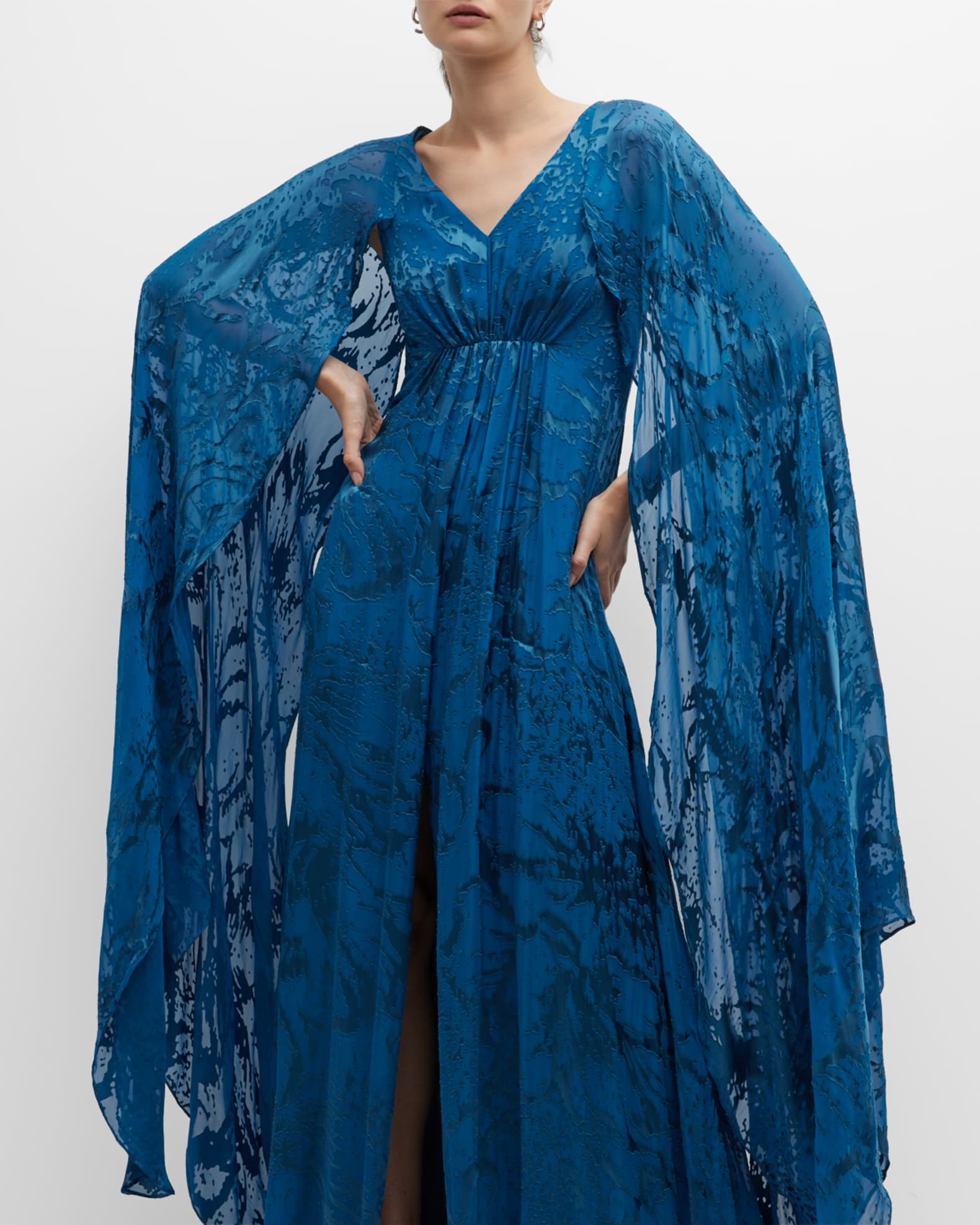 Rene Ruiz Collection Burnout Cape-Sleeve Silk Gown | Neiman Marcus