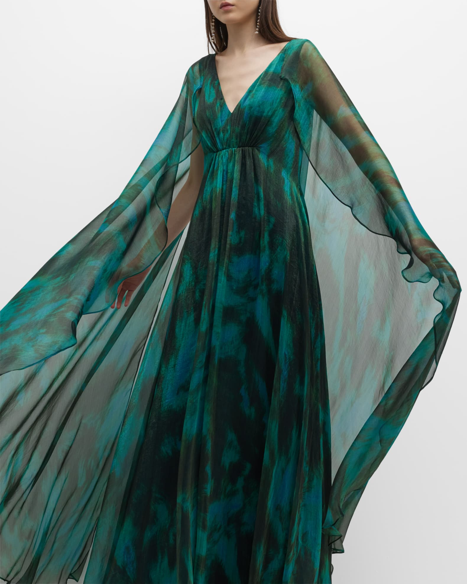 Rene Ruiz Collection Burnout Cape-Sleeve Silk Gown | Neiman Marcus