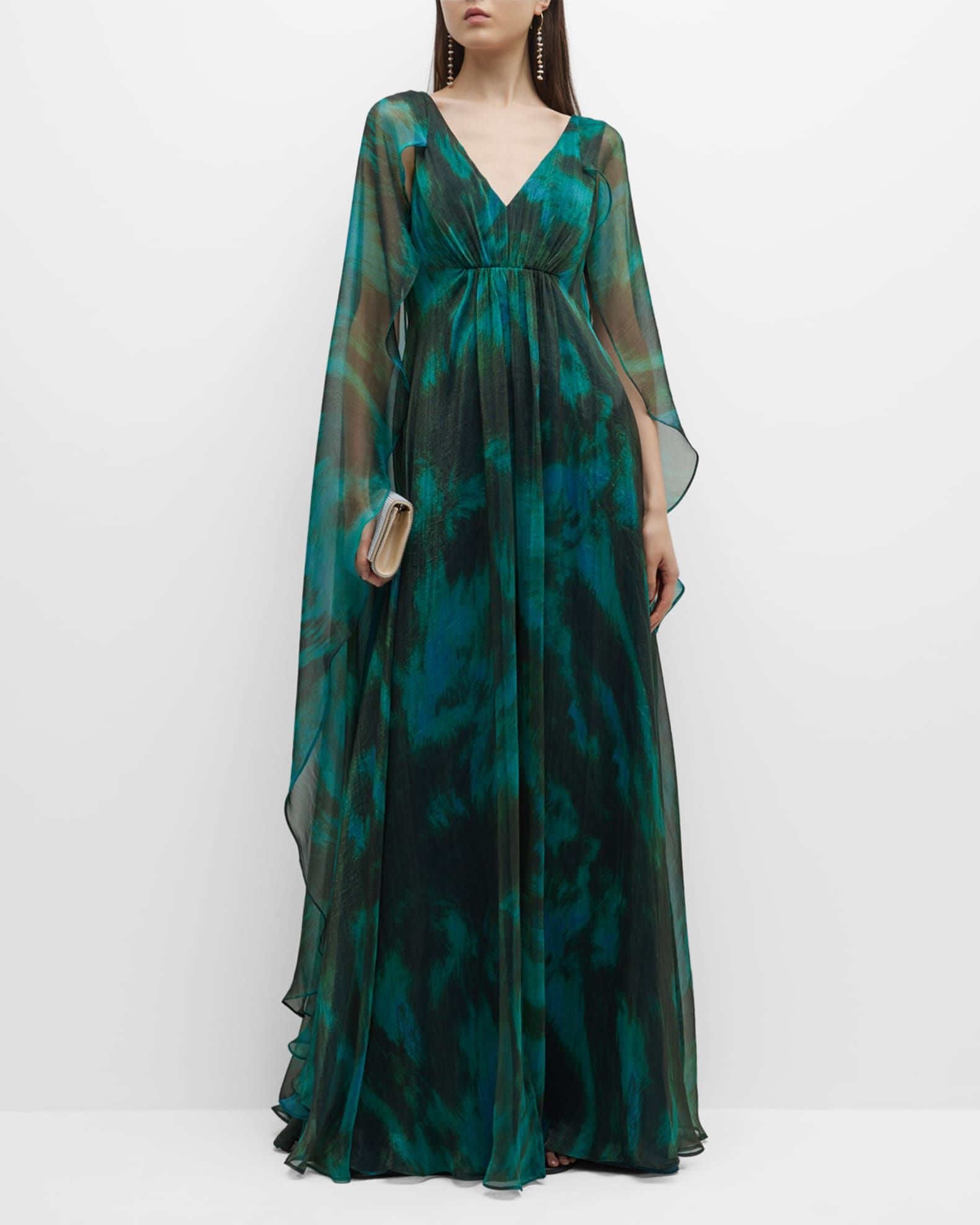 Rene Ruiz Collection Burnout Cape-Sleeve Silk Gown | Neiman Marcus