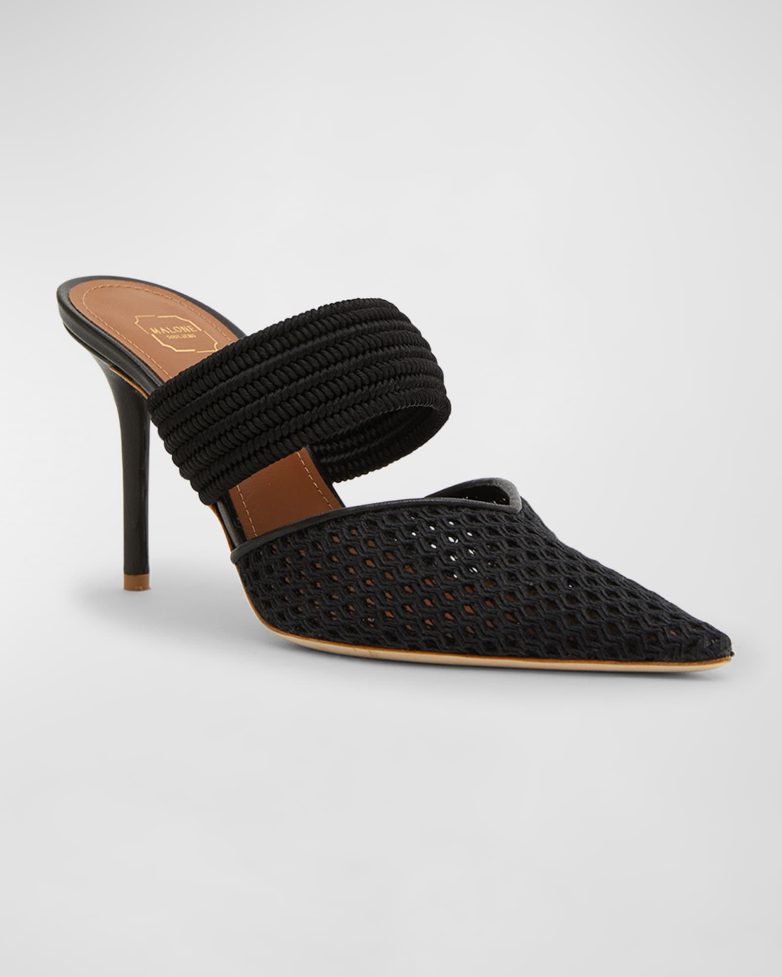 Malone Souliers Maisie Woven Raffia Mule Heels | Neiman Marcus