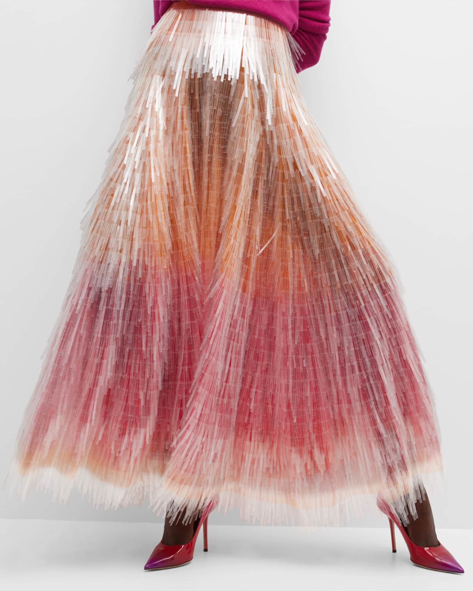 Brandon Maxwell Tiered Fringe Ombre Maxi Skirt | Neiman Marcus