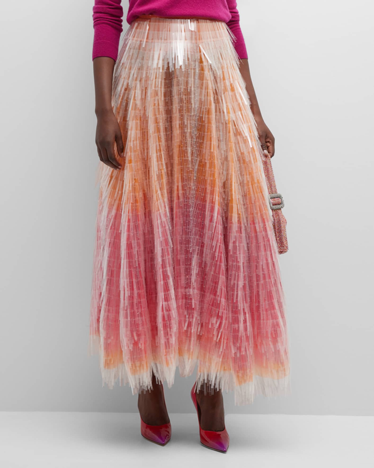 Brandon Maxwell Tiered Fringe Ombre Maxi Skirt | Neiman Marcus