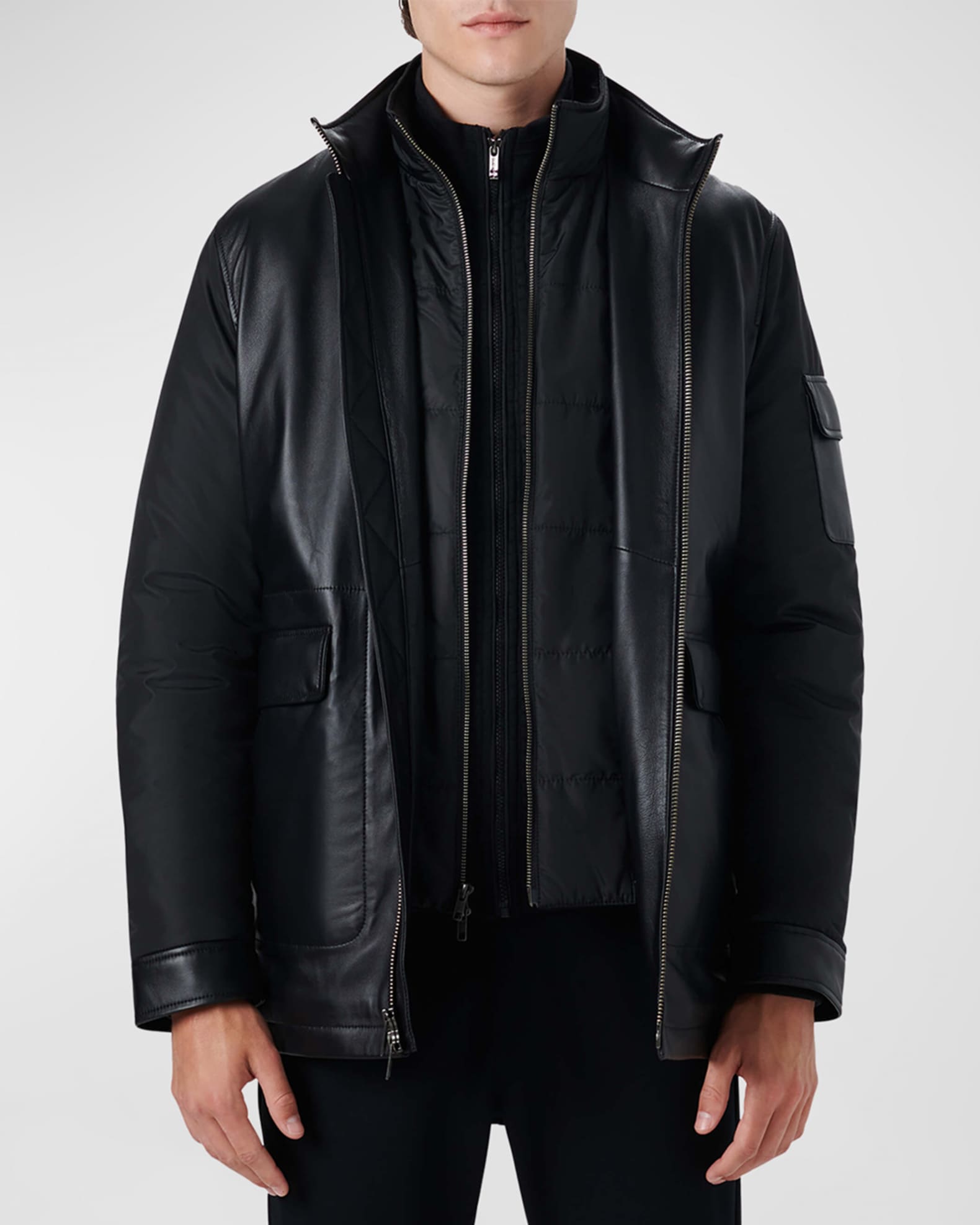 Bugatchi Men's Leather Bomber Jacket w/ Removable Bib | Neiman Marcus