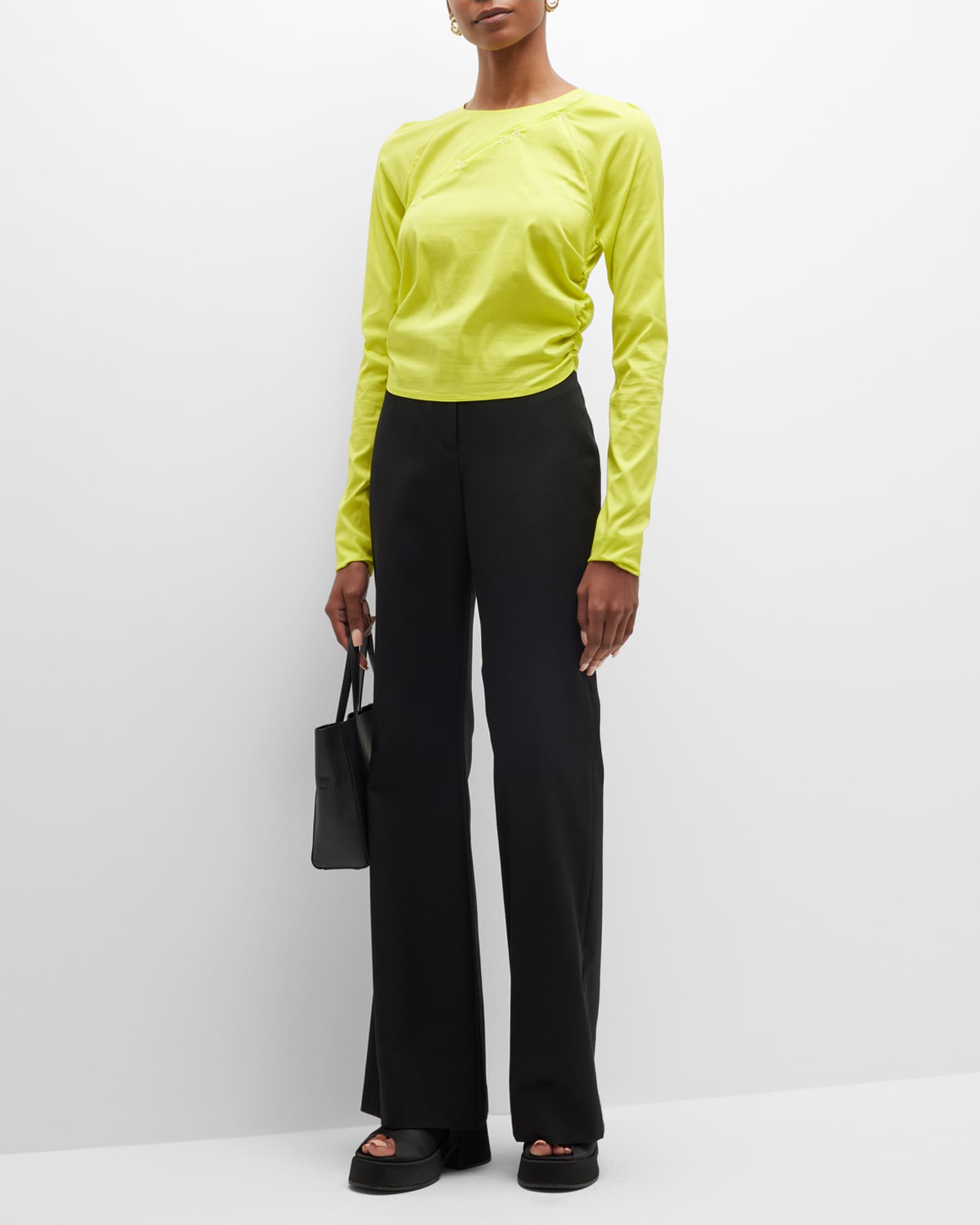 Ganni Ruched Asymmetric Snap-Front Blouse | Neiman Marcus