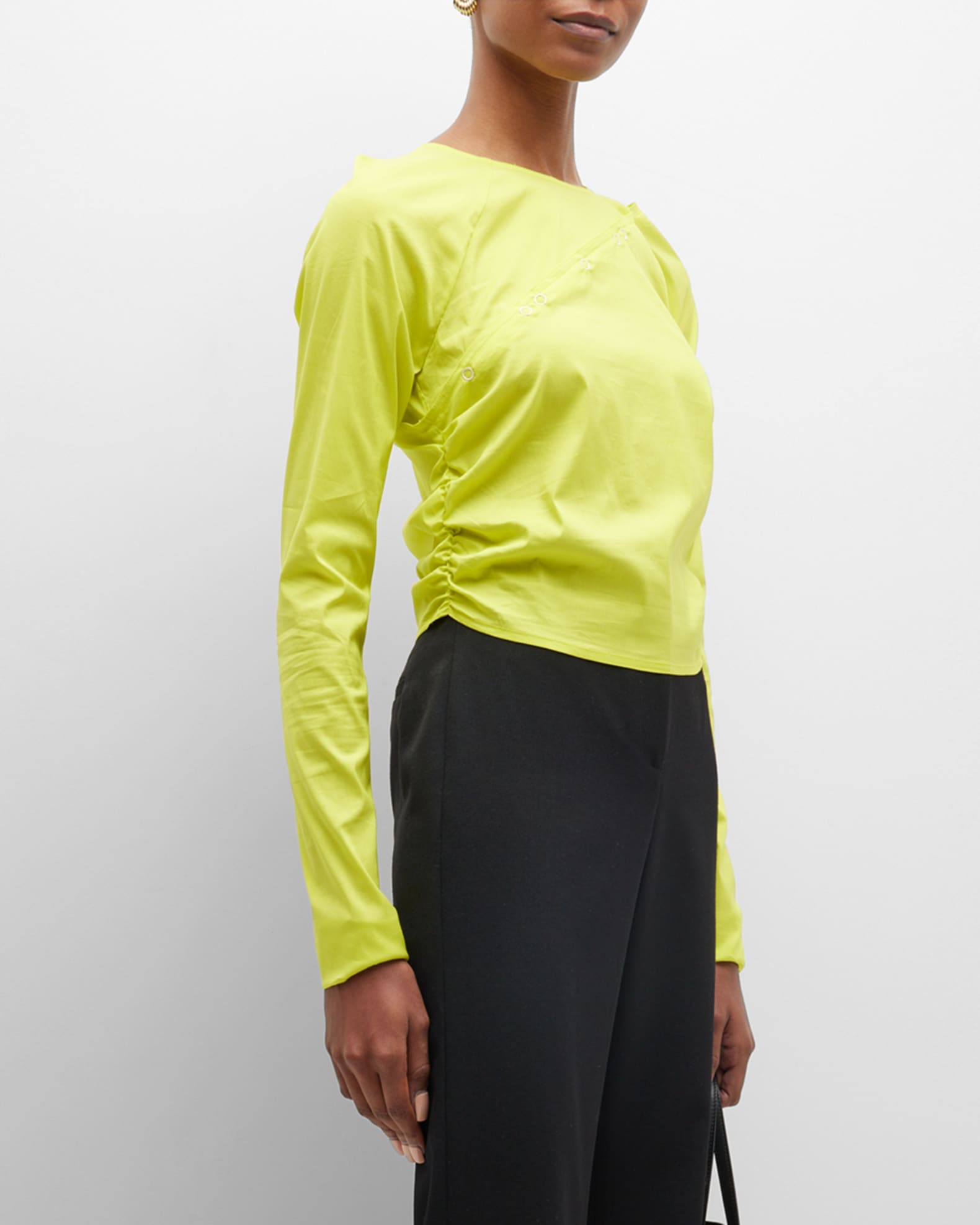 Ganni Ruched Asymmetric Snap-Front Blouse | Neiman Marcus
