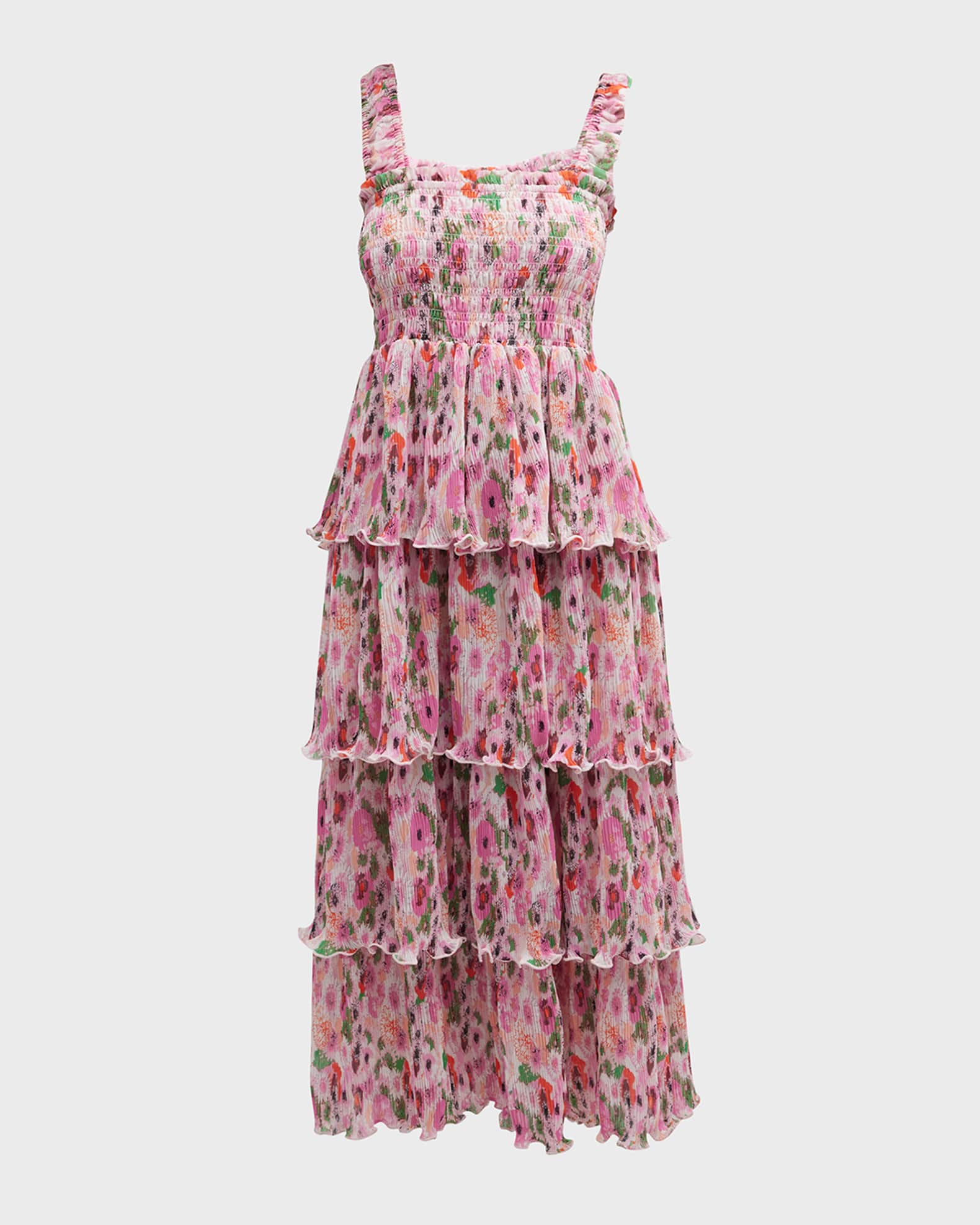 Ganni Floral Smocked Tiered Midi Dress | Neiman Marcus