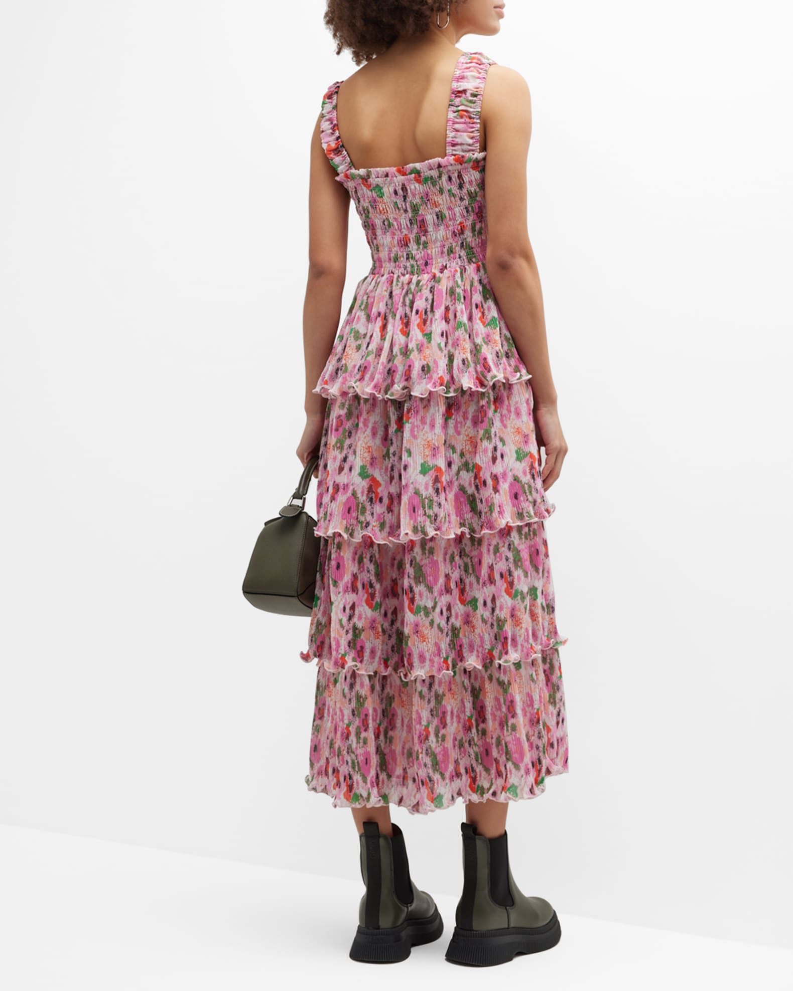 Ganni Floral Smocked Tiered Midi Dress | Neiman Marcus