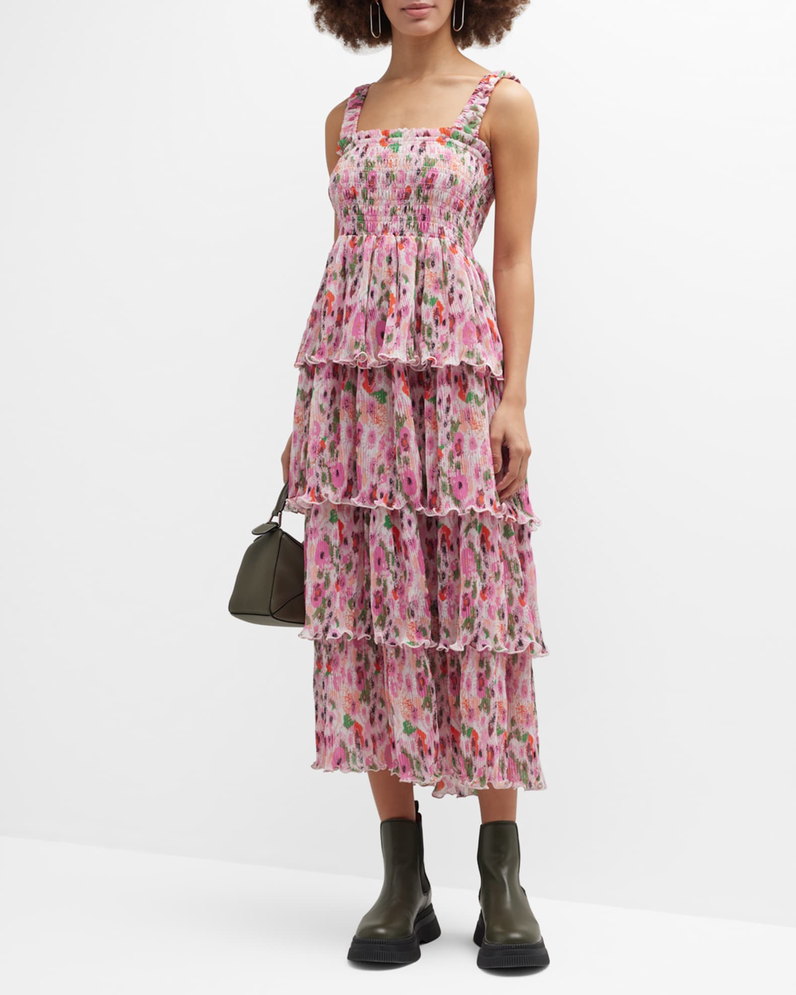 Ganni Floral Smocked Tiered Midi Dress | Neiman Marcus