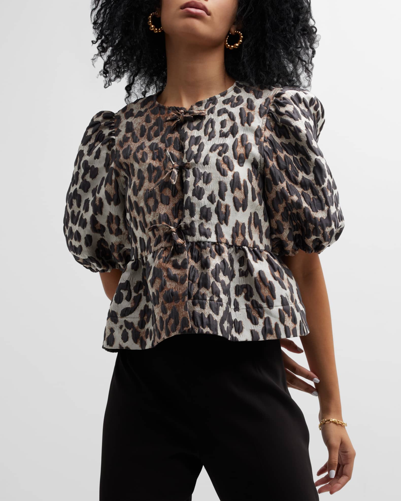 Ganni 3D Leopard Peplum Blouse | Neiman Marcus