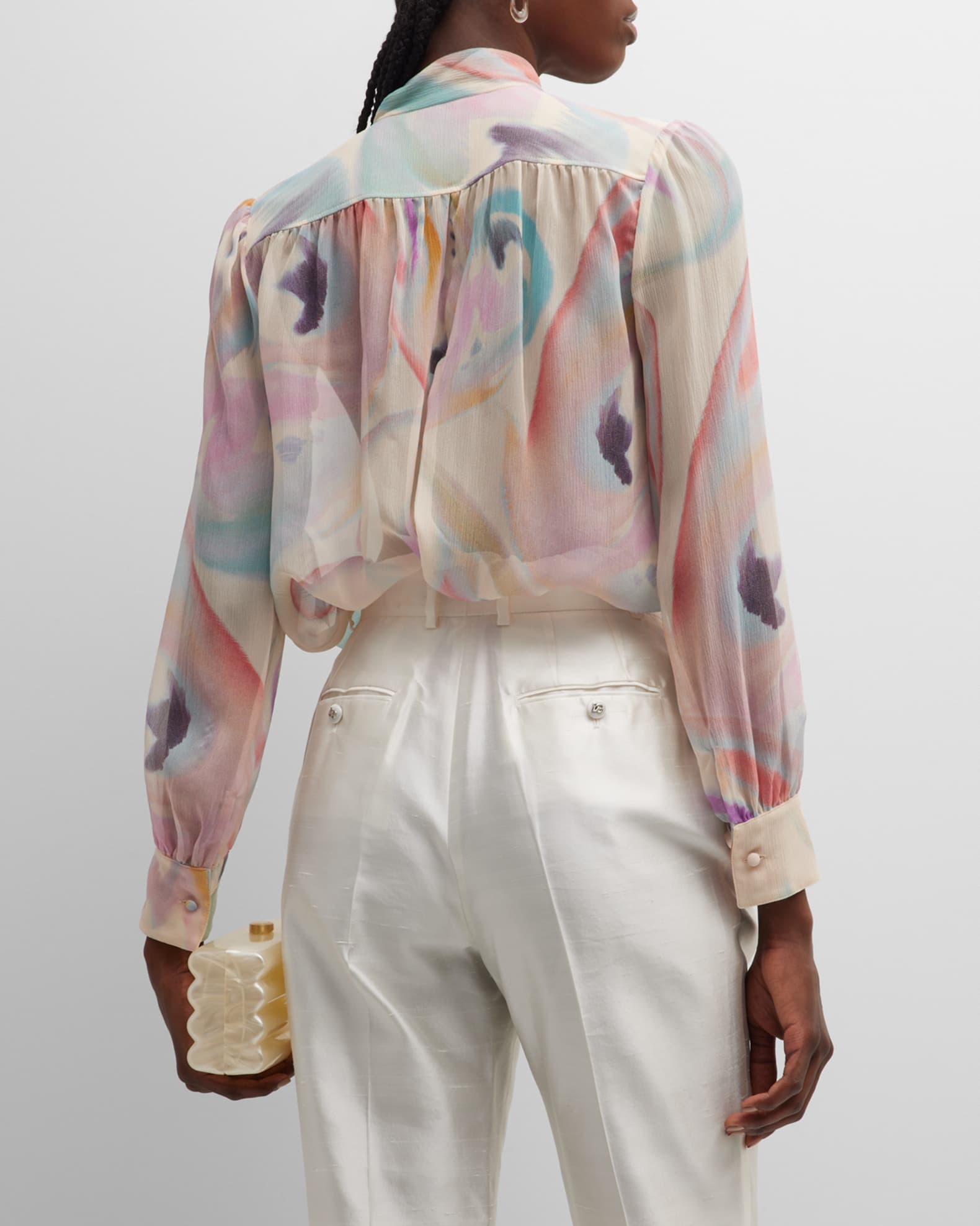 Etro Butterfly Wings Silk Blouse w/ Tie Collar | Neiman Marcus