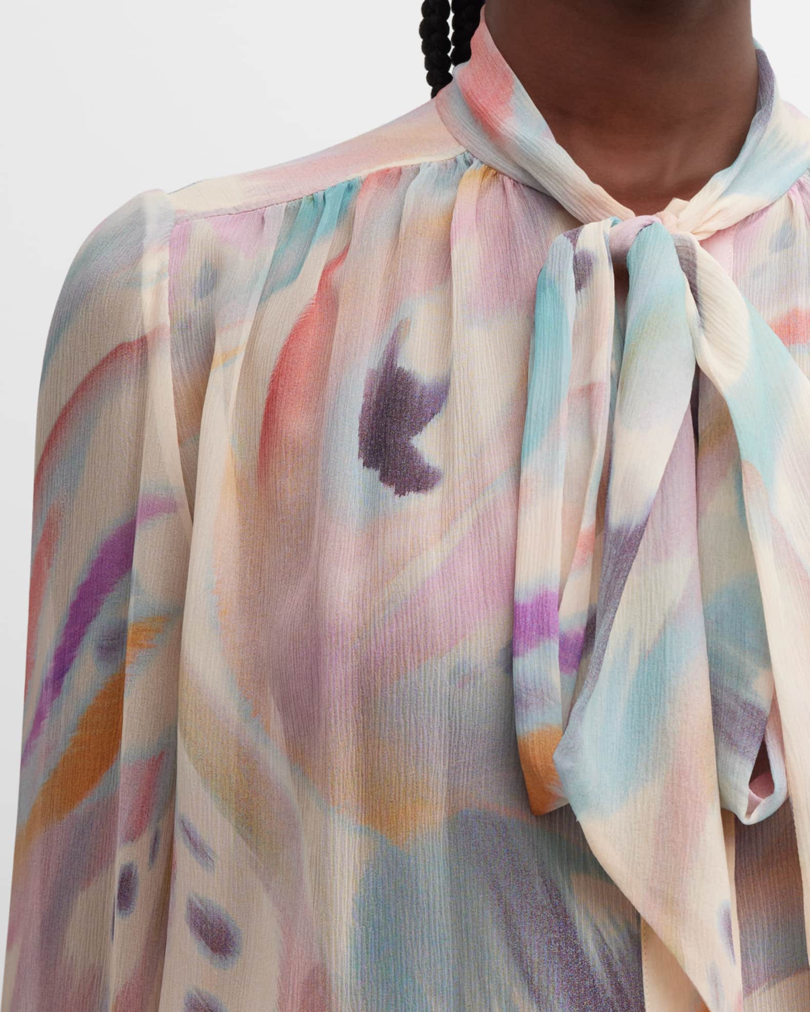 Etro Butterfly Wings Silk Blouse w/ Tie Collar | Neiman Marcus