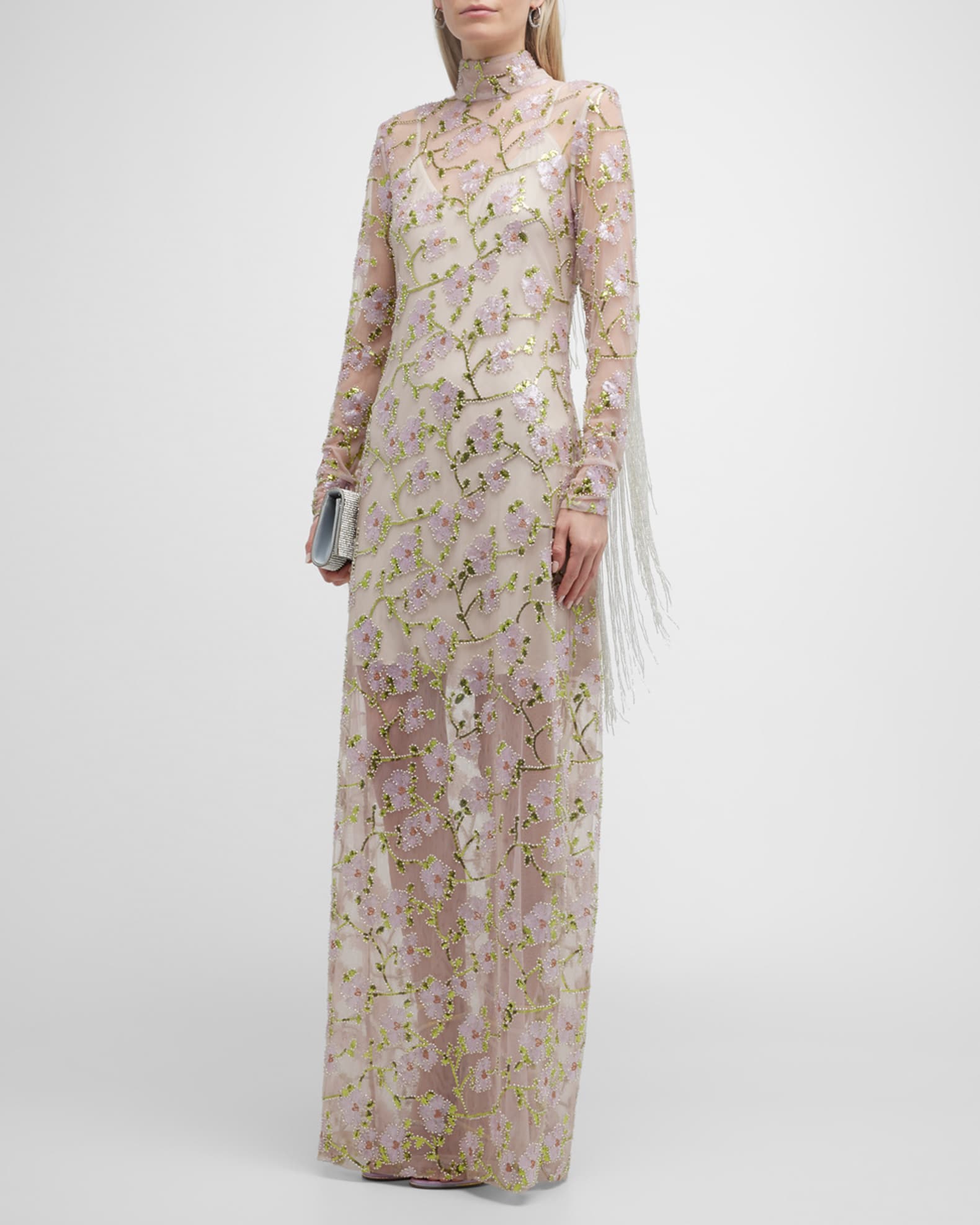 Rotate Birger Christensen Reba Flower Mesh Fringe Maxi Dress | Neiman Marcus