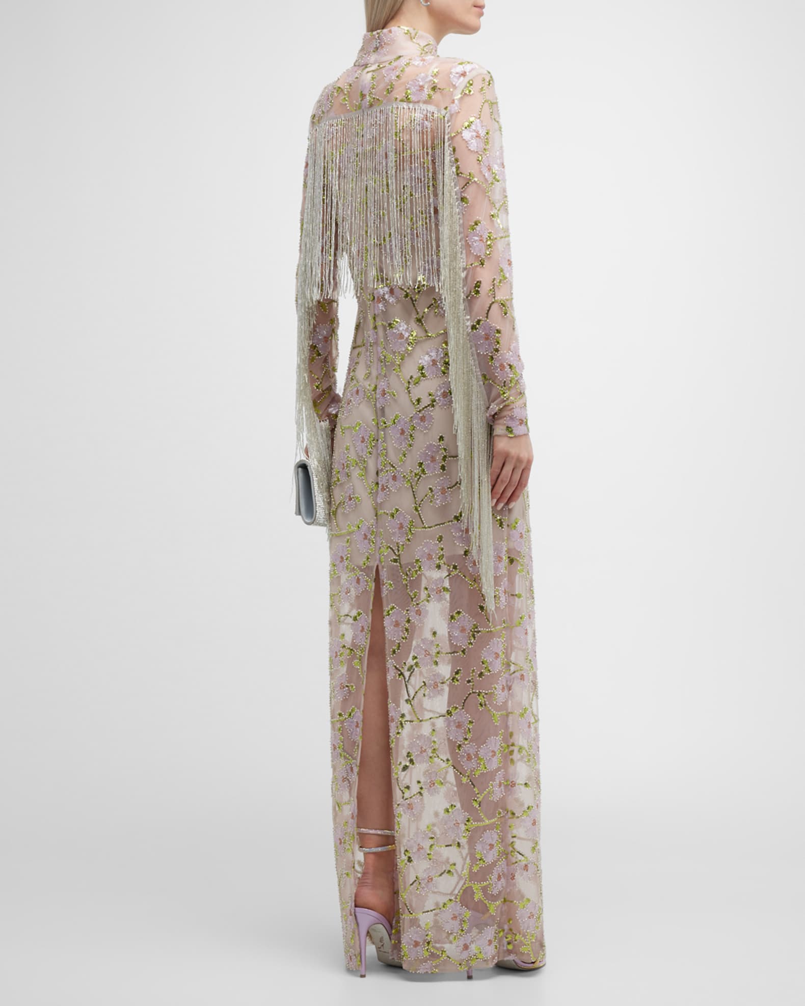 Rotate Birger Christensen Reba Flower Mesh Fringe Maxi Dress | Neiman Marcus