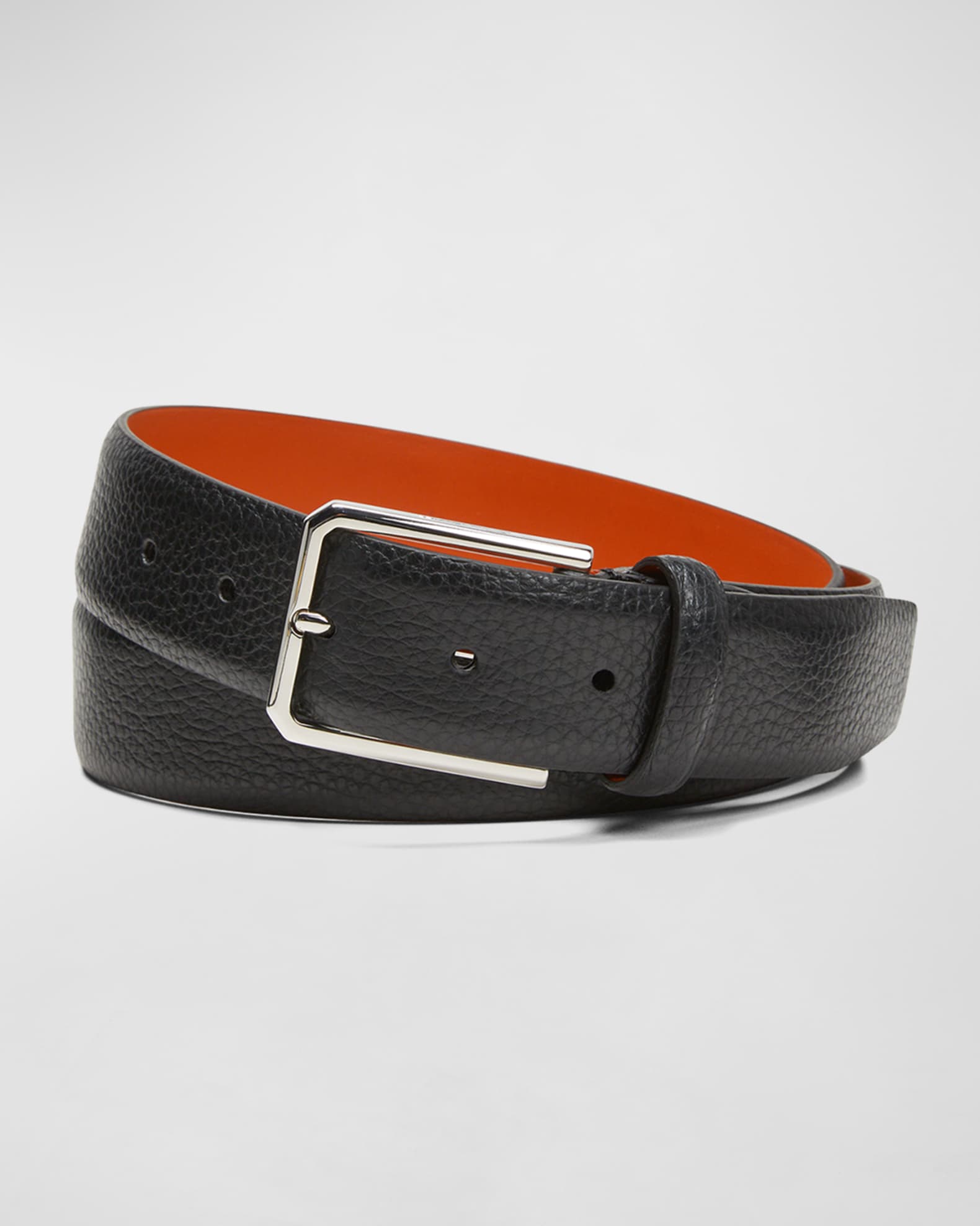 Santoni Men's Rectangle Buckle Grained Leather Belt | Neiman Marcus