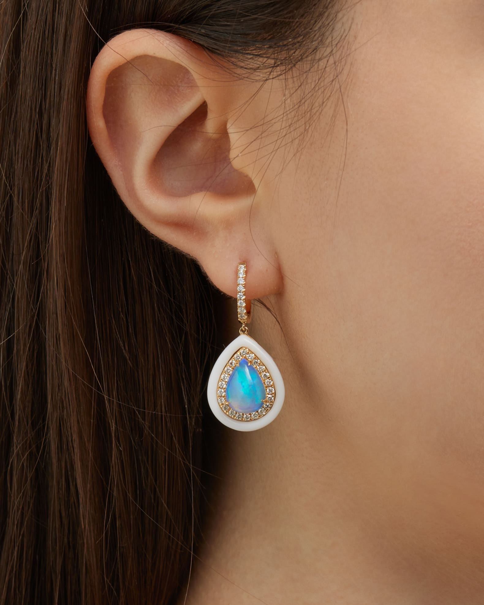 David Kord 18K Yellow Gold Earrings with Pear-Shape Opal, Diamonds and White Frame, 3.07tcw ...