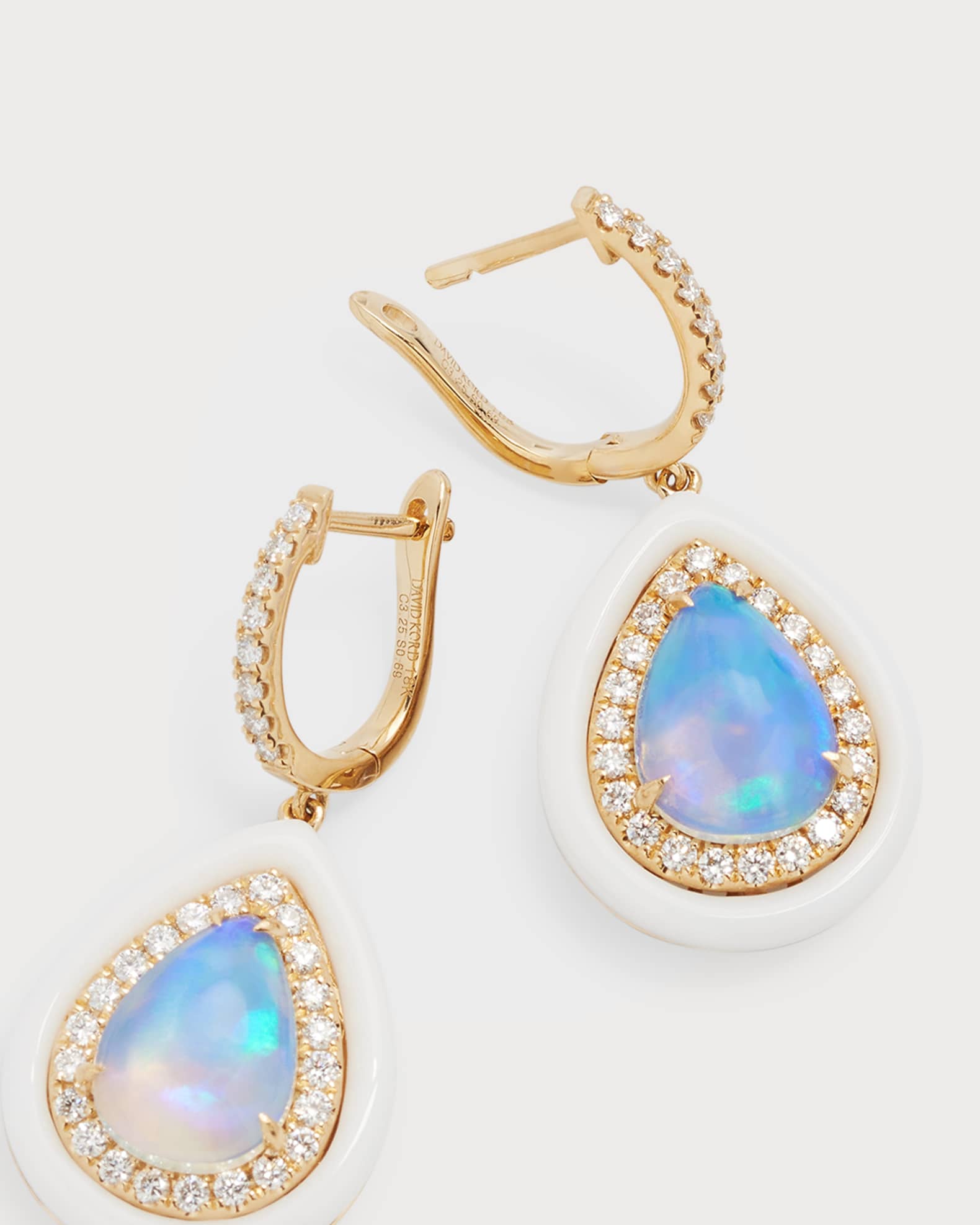 David Kord 18K Yellow Gold Earrings with Pear-Shape Opal, Diamonds and White Frame, 3.07tcw ...