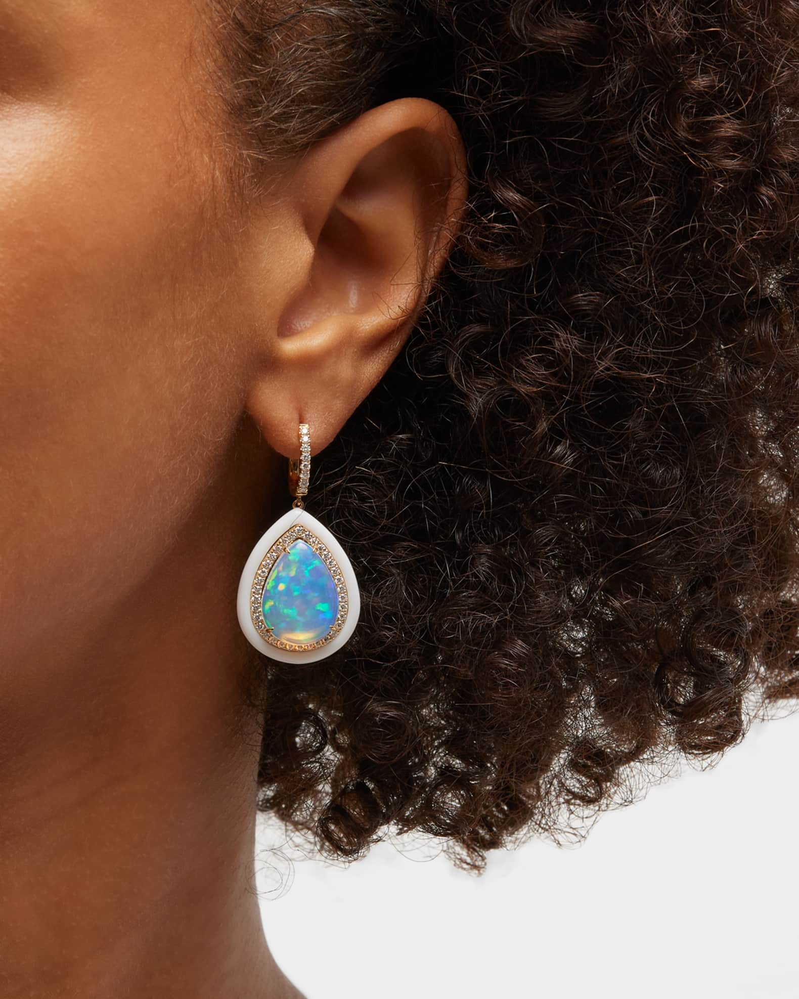 David Kord 18K Yellow Gold Earrings with Pear-Shape Opal, Diamonds and White Frame, 12.01tcw ...