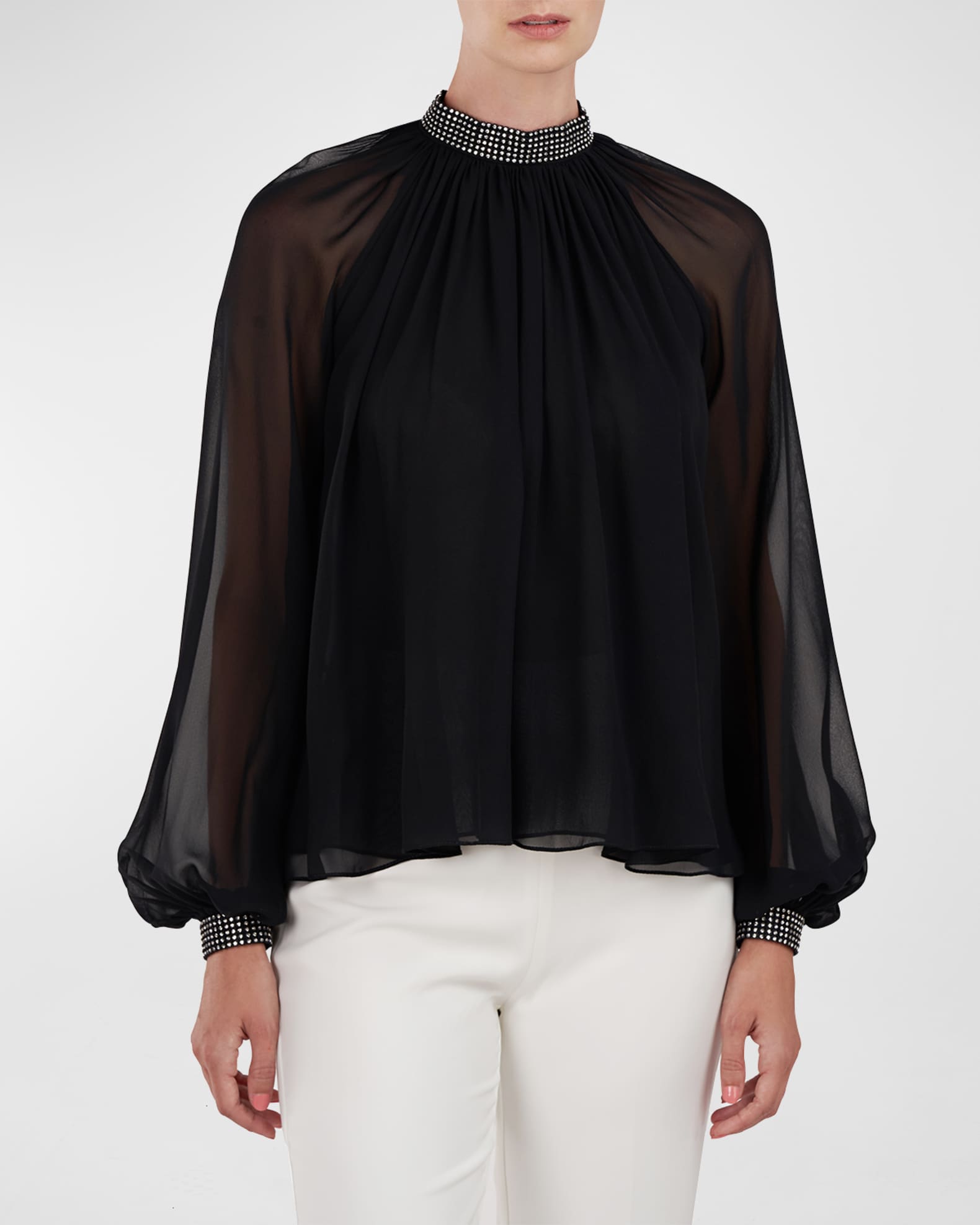 Halston Ayla Rhinestone-Embellished Chiffon Blouse | Neiman Marcus