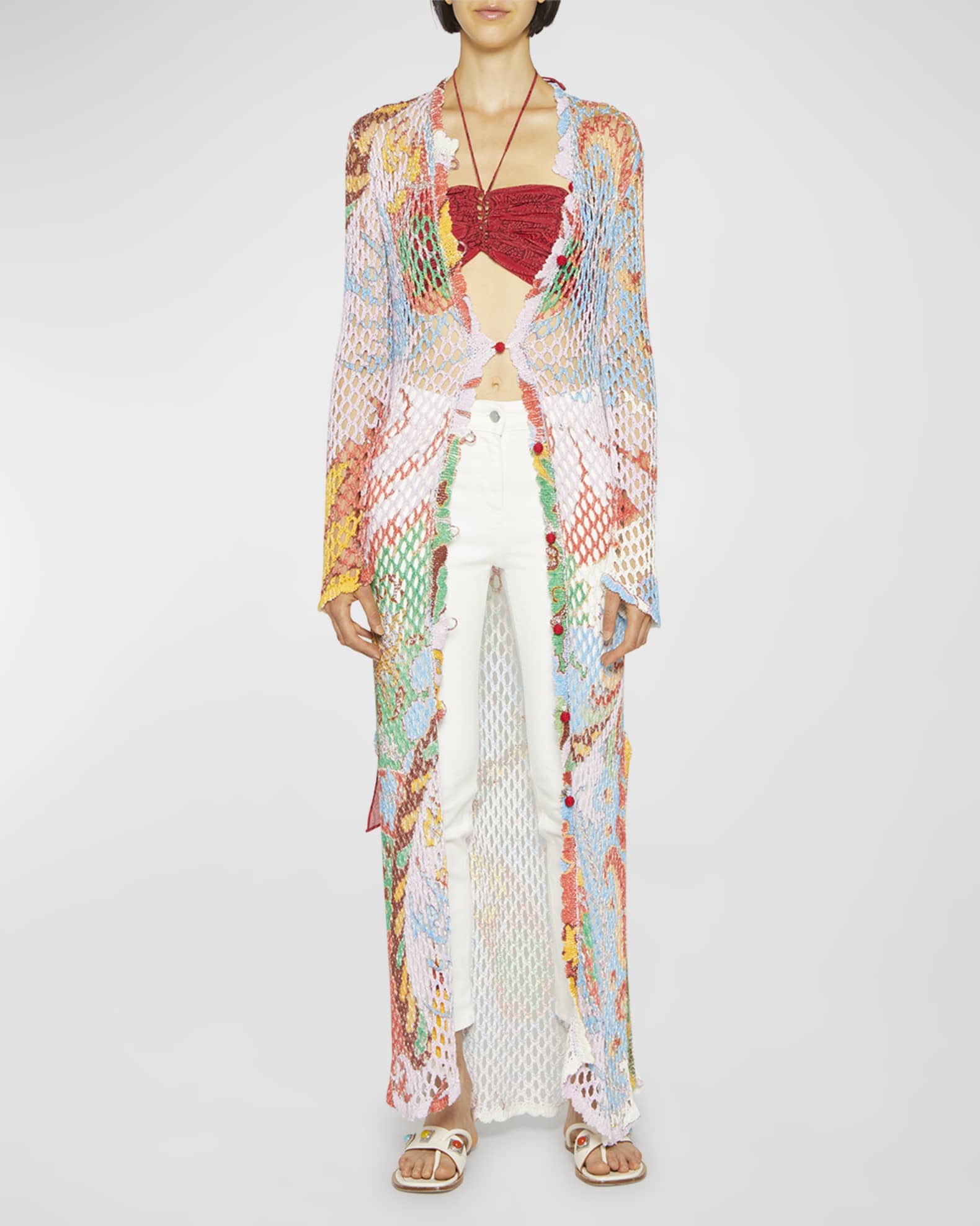 Etro Blooming Maxi Crochet Cardigan w/ Paisley Print | Neiman Marcus