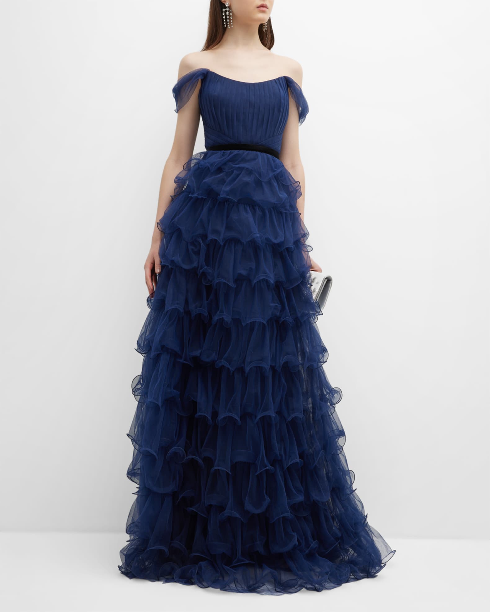 Marchesa Notte Off-Shoulder Pleated Ruffle Tulle Gown | Neiman Marcus